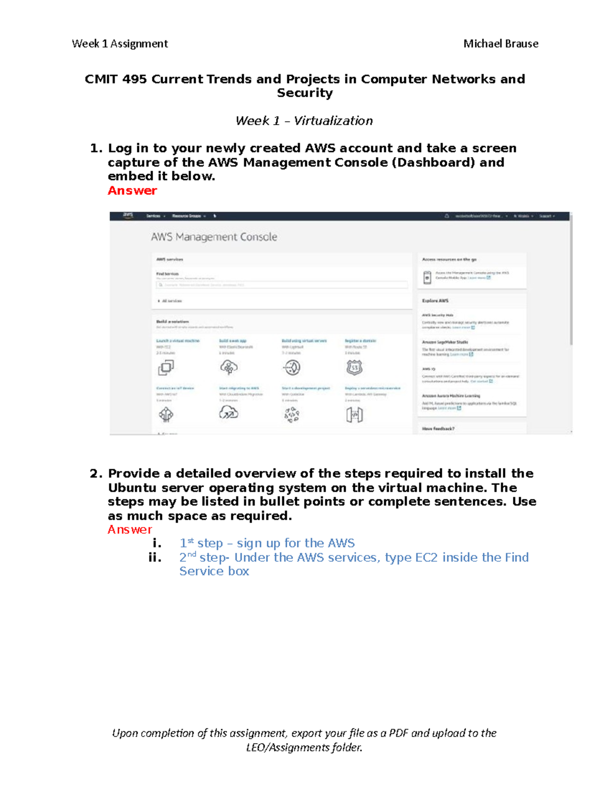 Project 1 Virtualization Assignment - CMIT 495 Current Trends and Projects in Computer Networks ...