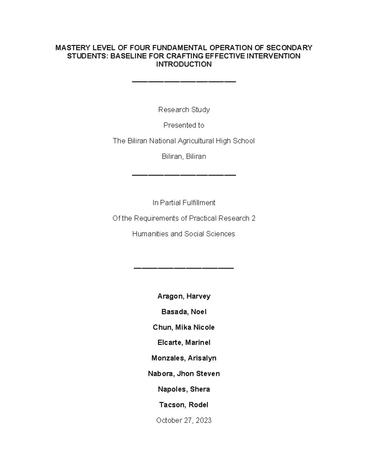 MASTERY LEVEL OF FOUR FUNDAMENTAL OPERATION OF SECONDARY STUDENTS ...