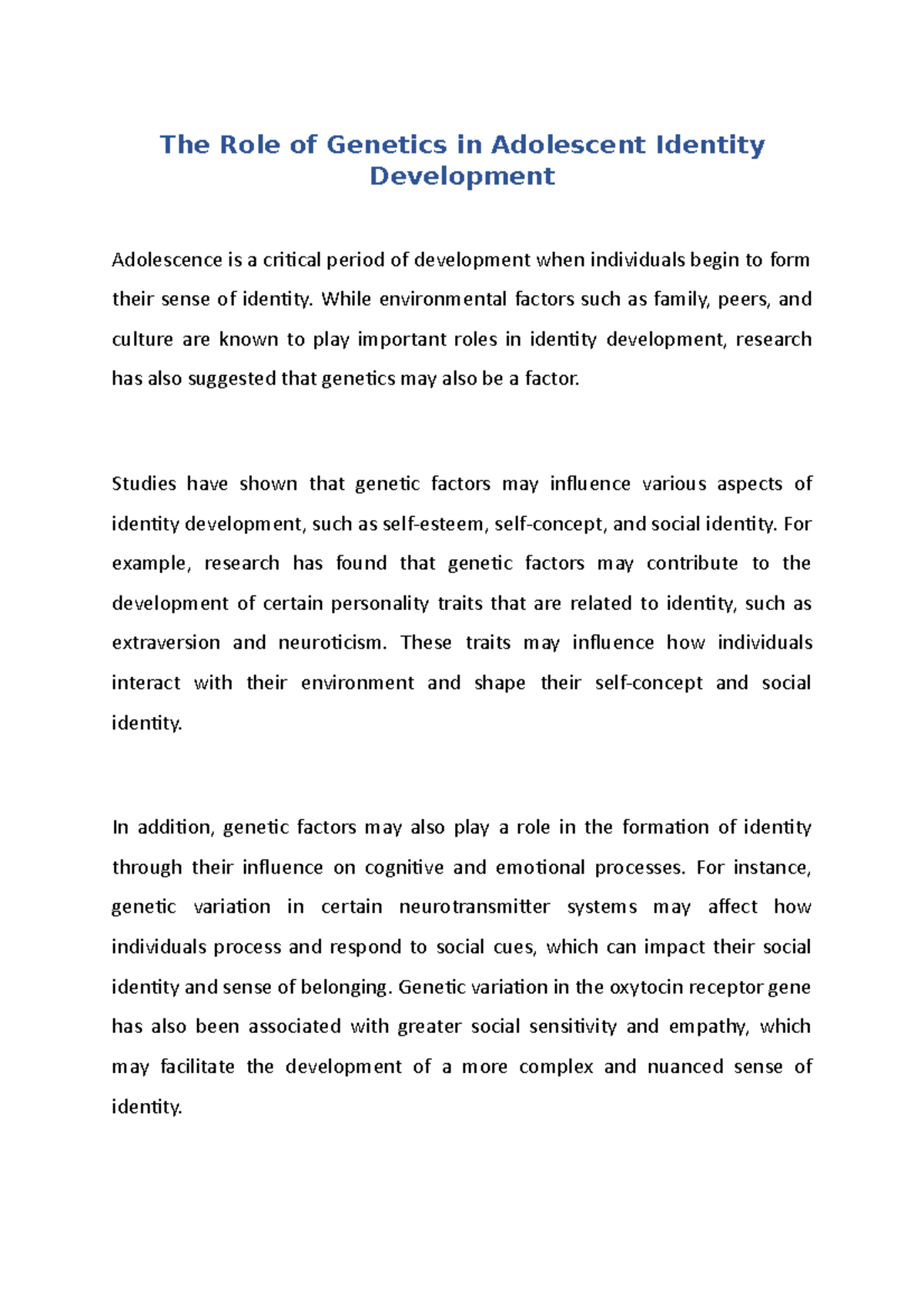 The Role of Genetics in Adolescent Identity Development - The Role of ...