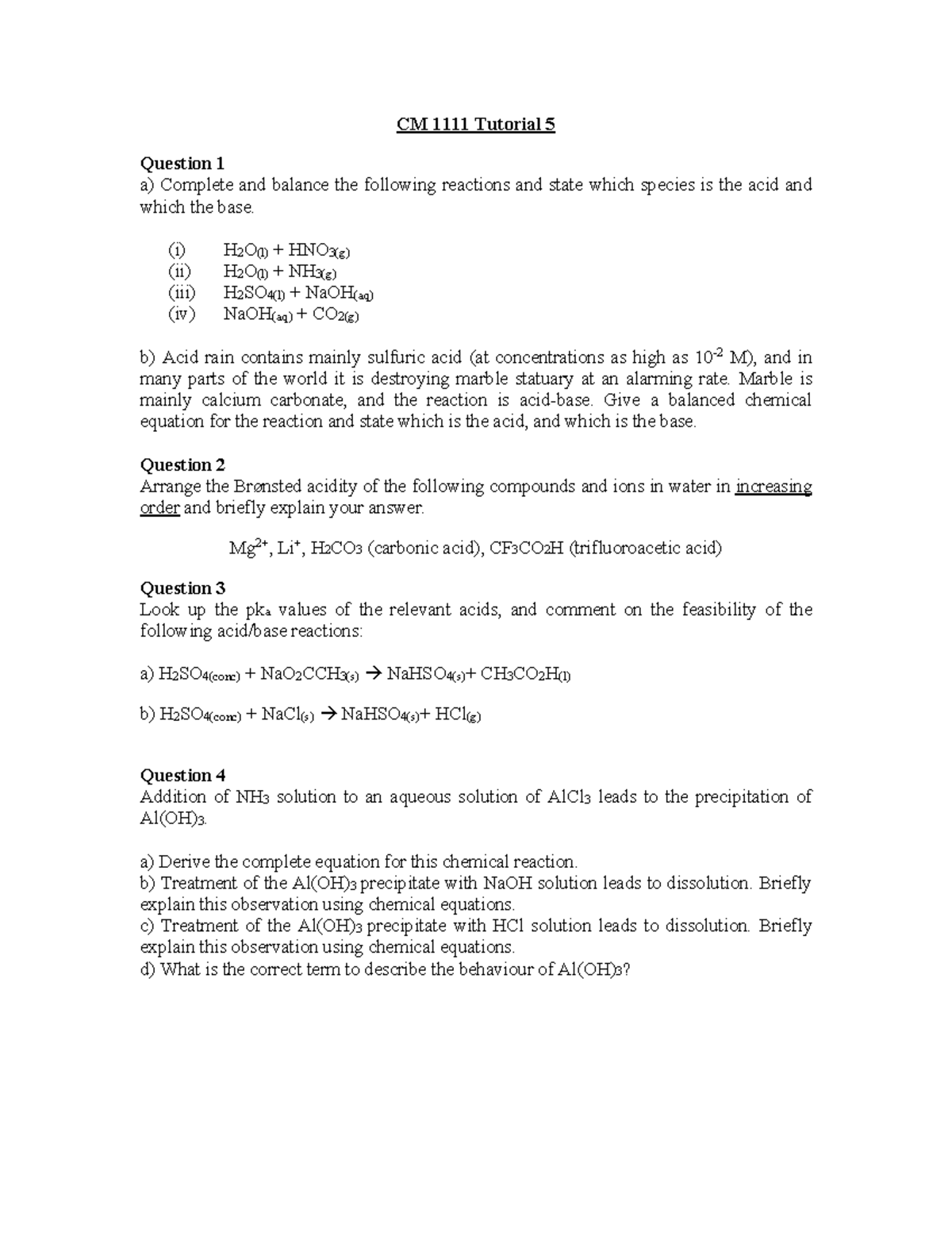 CM 1111 Tutorial 5 - CM 1111 Tutorial 5 Question 1 a) Complete and ...