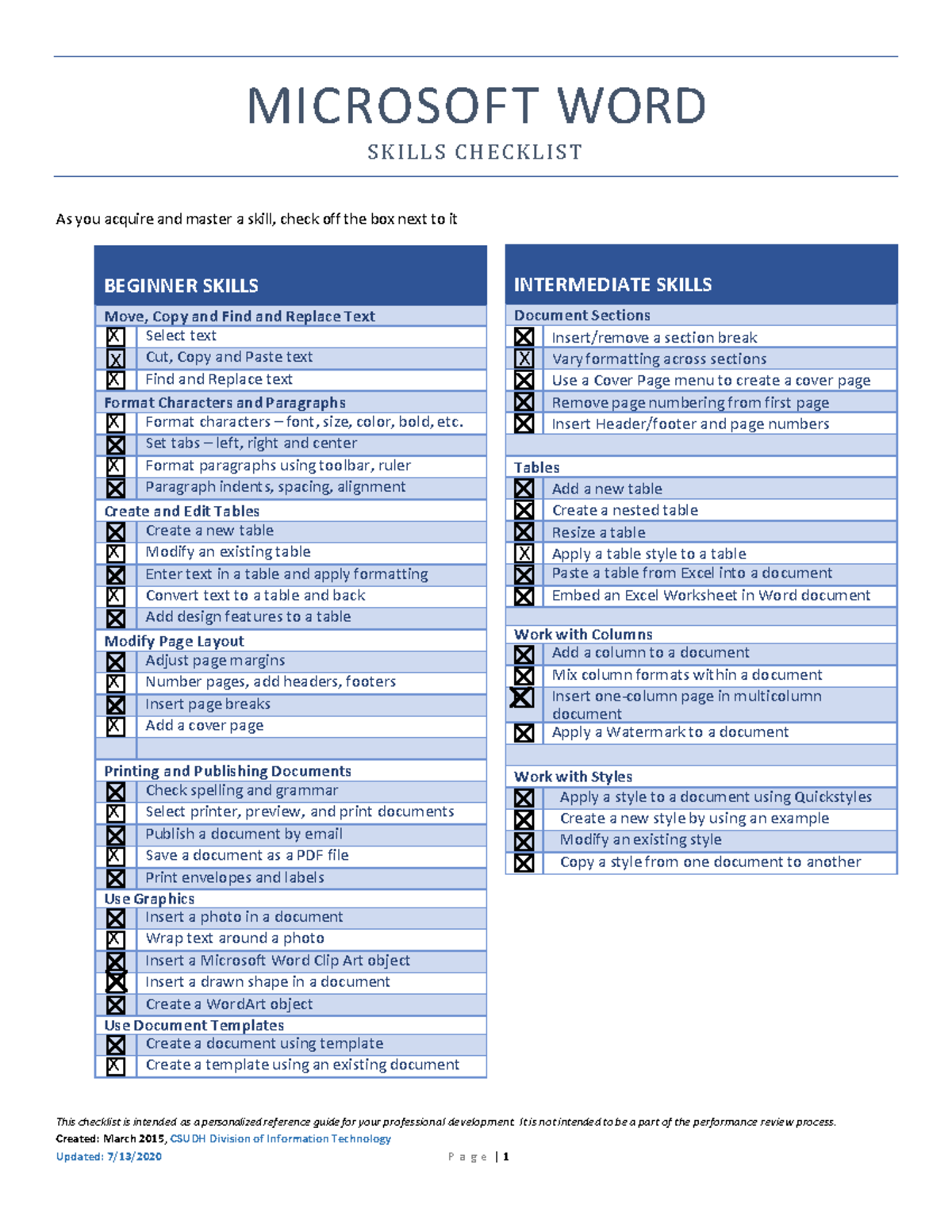 Word Skills Checklist - Assignments - MICROSOFT WORD S K I L L S C H E ...