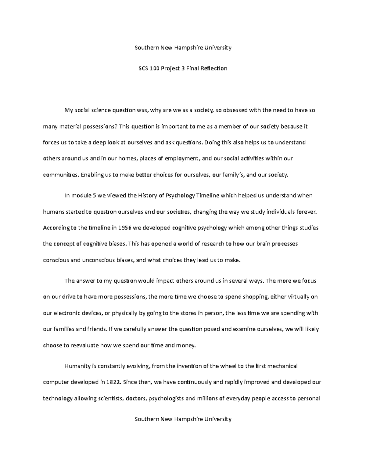 SCS 100 Project 3 Final Reflection - Southern New Hampshire University ...