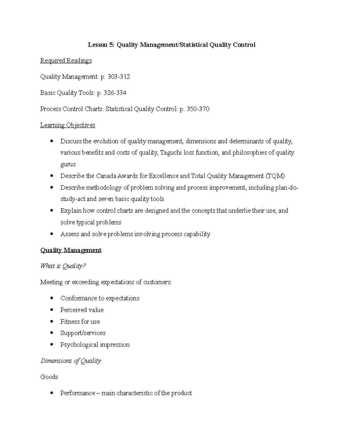 Lesson 5 - Quality Management & Statistical Quality Control - Lesson 5 ...