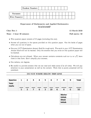Past exams and solutions - MAM1020F - UCT - Studocu