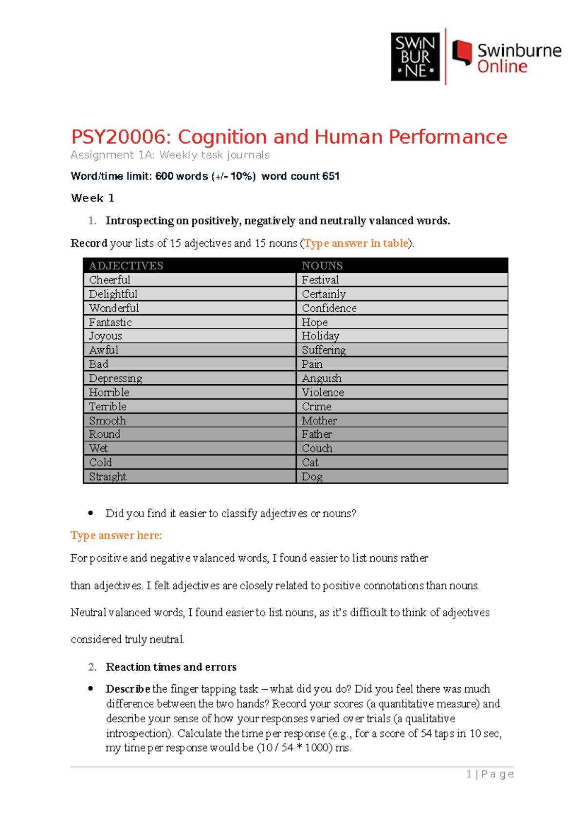 Assignment 1A Weekly task journals template - PSY20006: Cognition and ...
