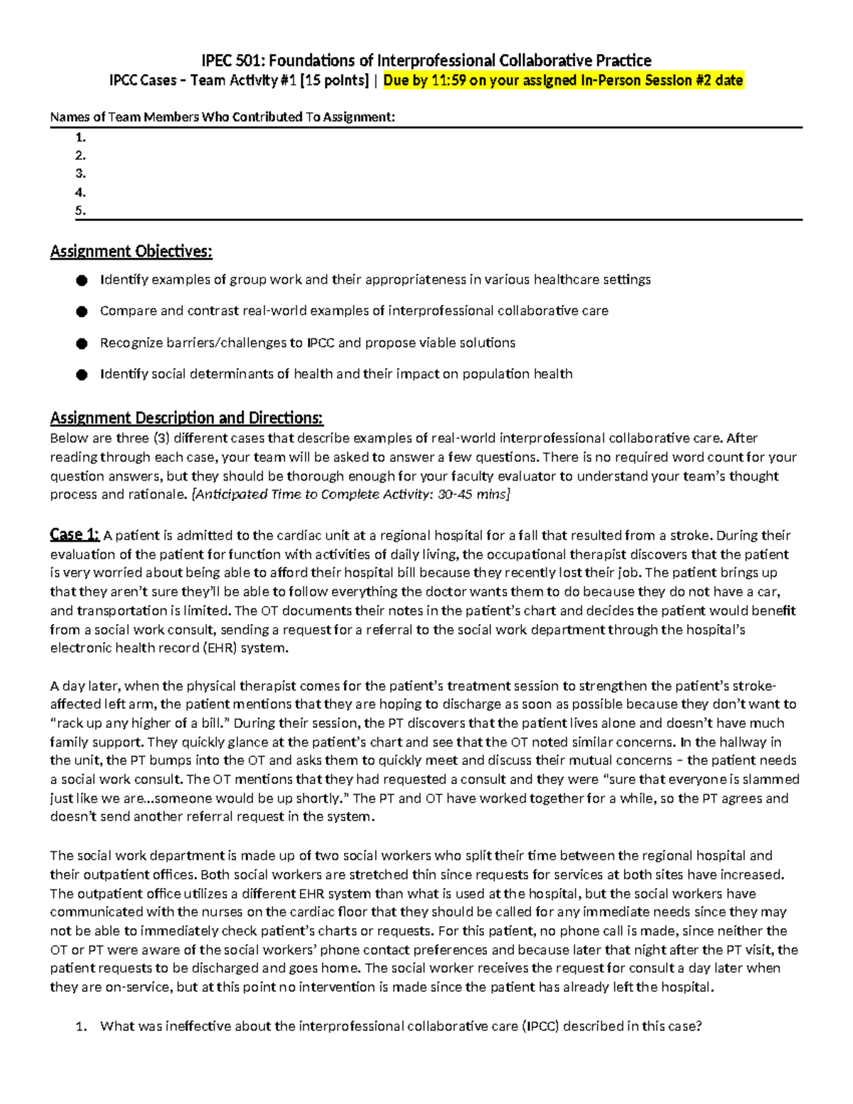 IPCC Cases 2023 Team Worksheet - IPEC 501: Foundations of ...