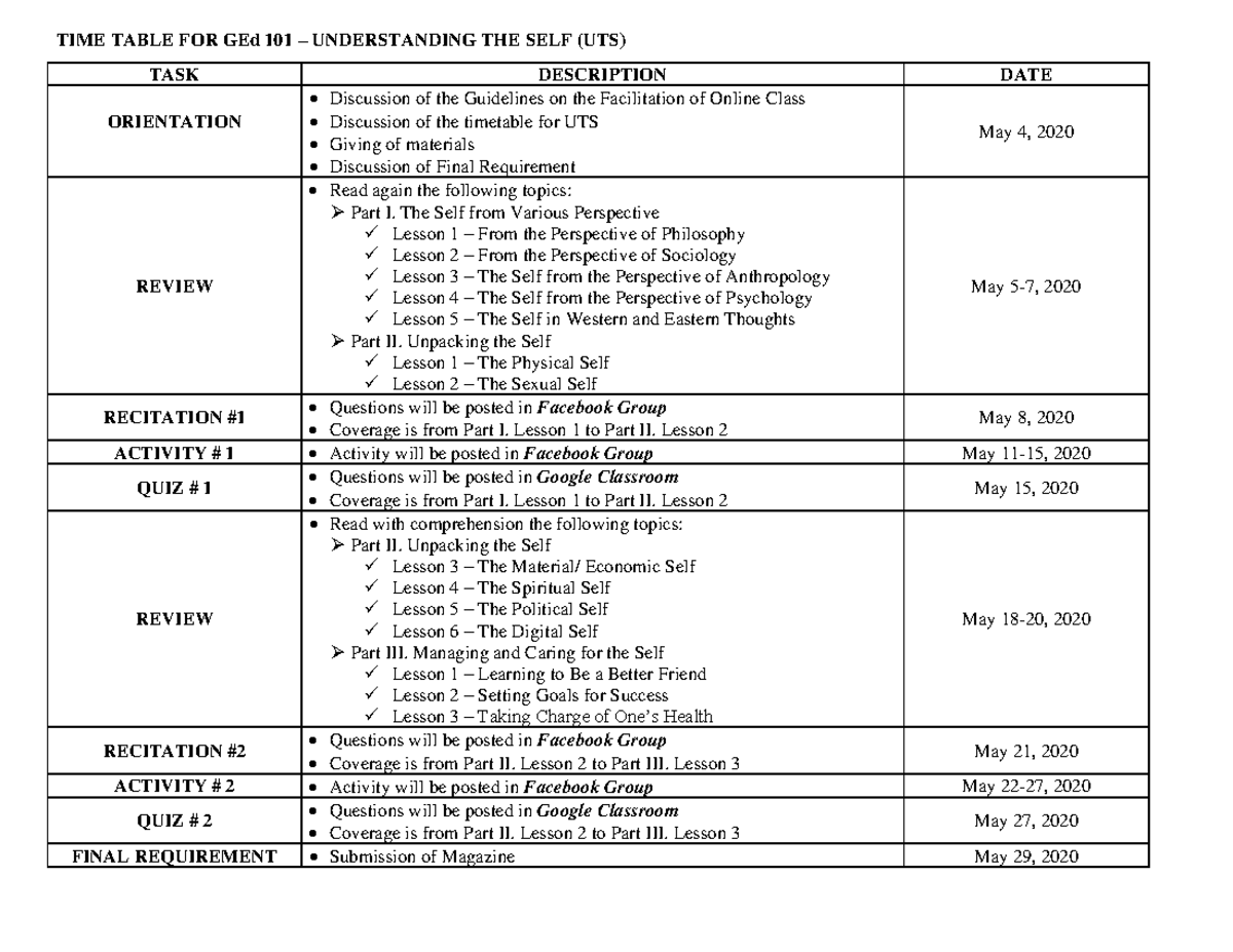 TIME Table - UTS - educational purposes, can serve as guide and ...