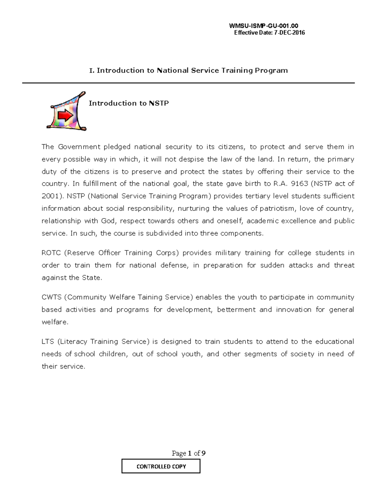 NSTP Worksheet Number 1 - Effective Date: 7-DEC- I. Introduction to ...