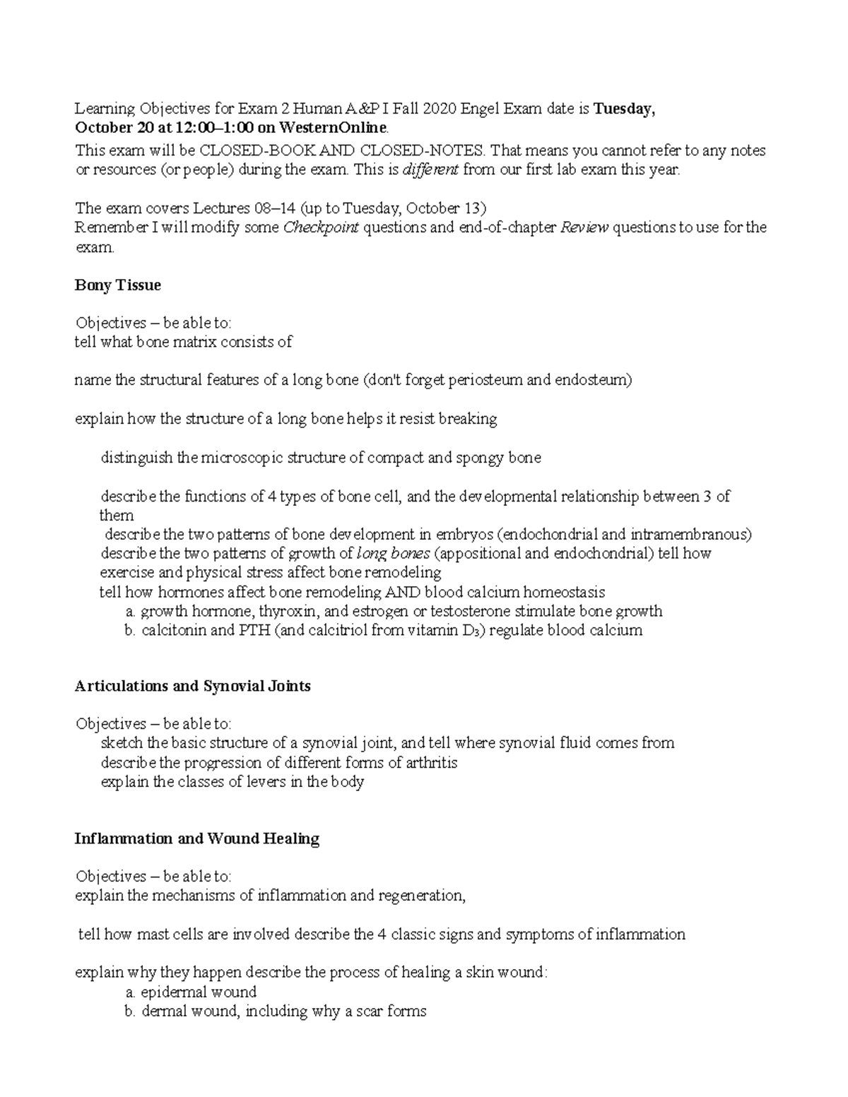 Ap Exam2 2020 - outline for test - Learning Objectives for Exam 2 Human ...