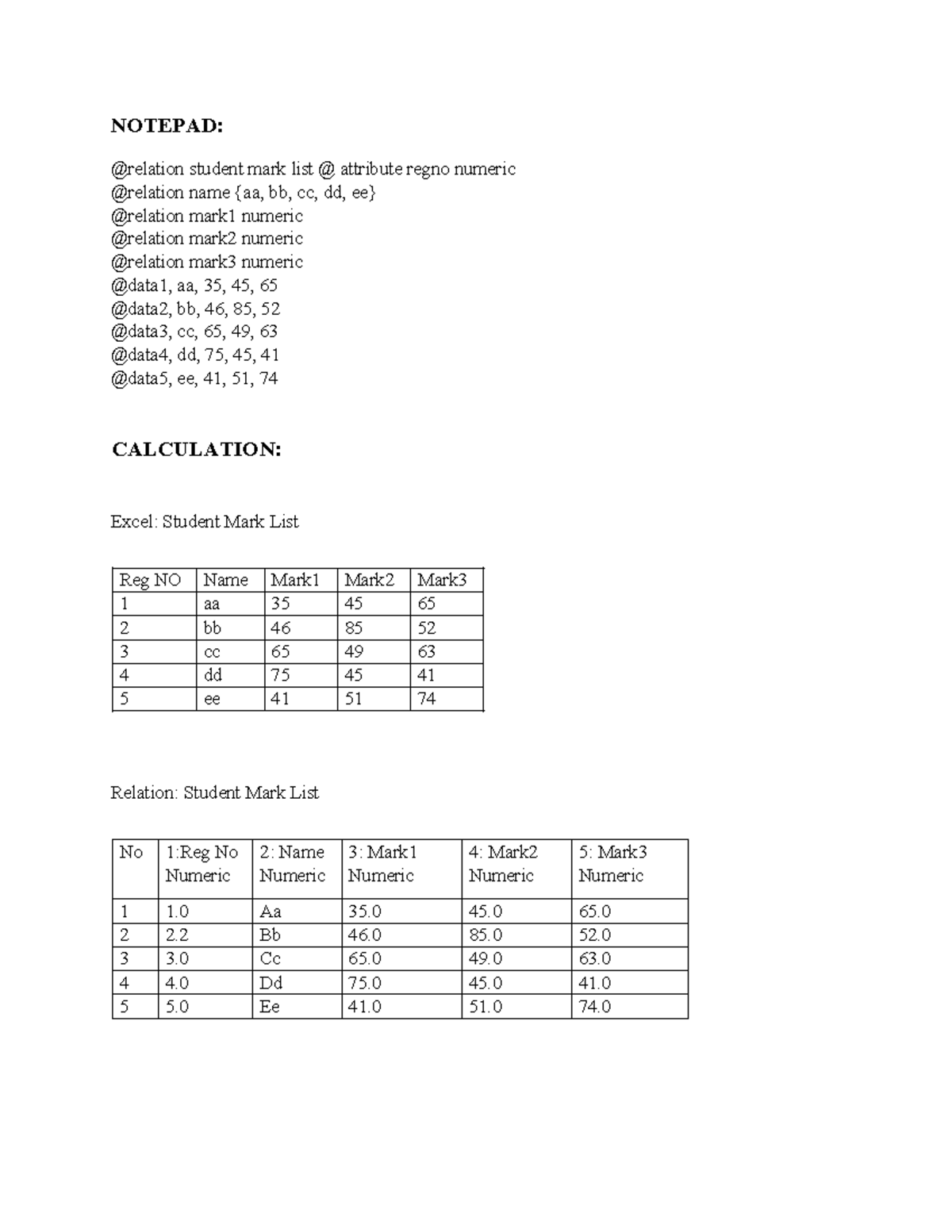 Calculation - NOTEPAD: @relation student mark list @ attribute regno ...