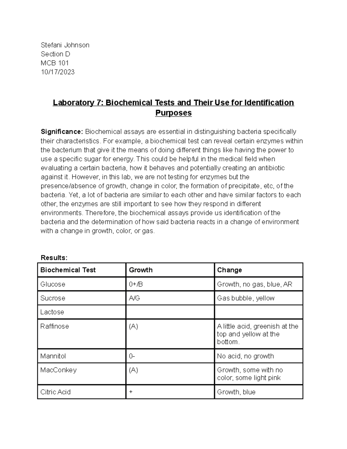 Laboratory Lab 7 Report Submission - Stefani Johnson Section D MCB 101 10/17/ Laboratory 7 ...