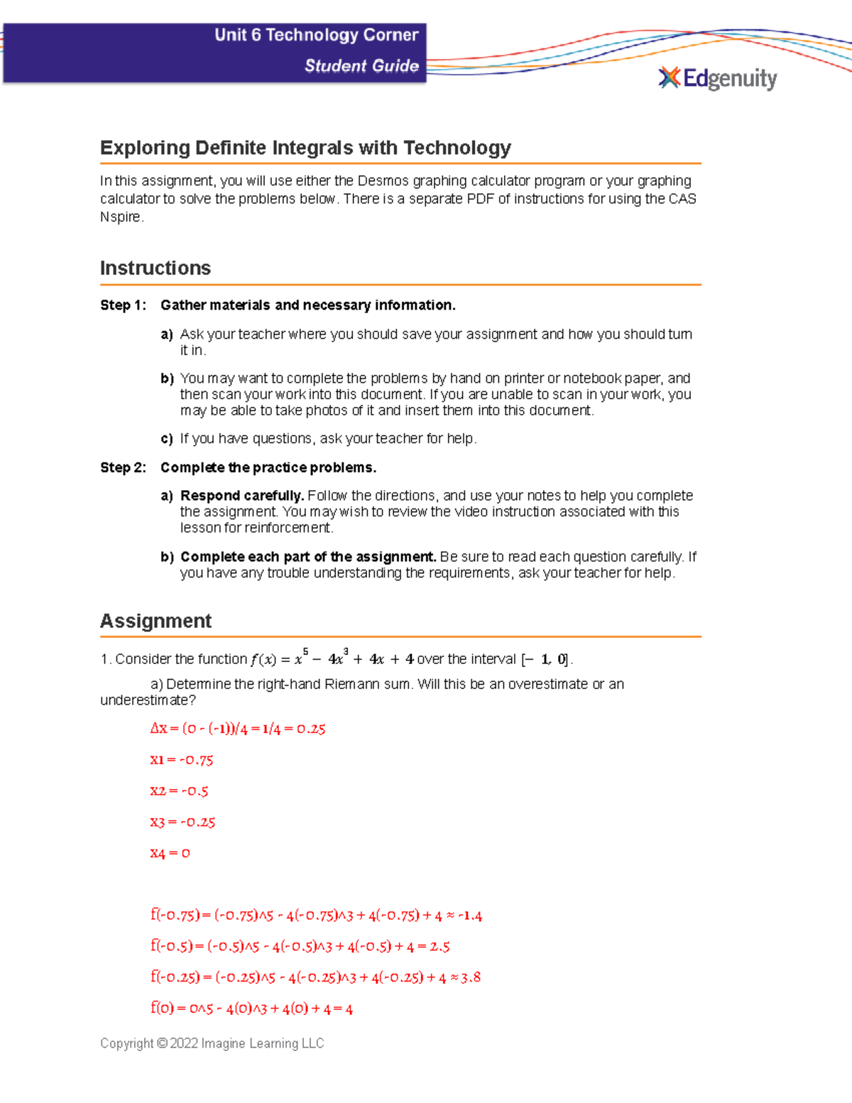 Unit 6 Technology Corner Student Guide - Exploring Definite Integrals ...