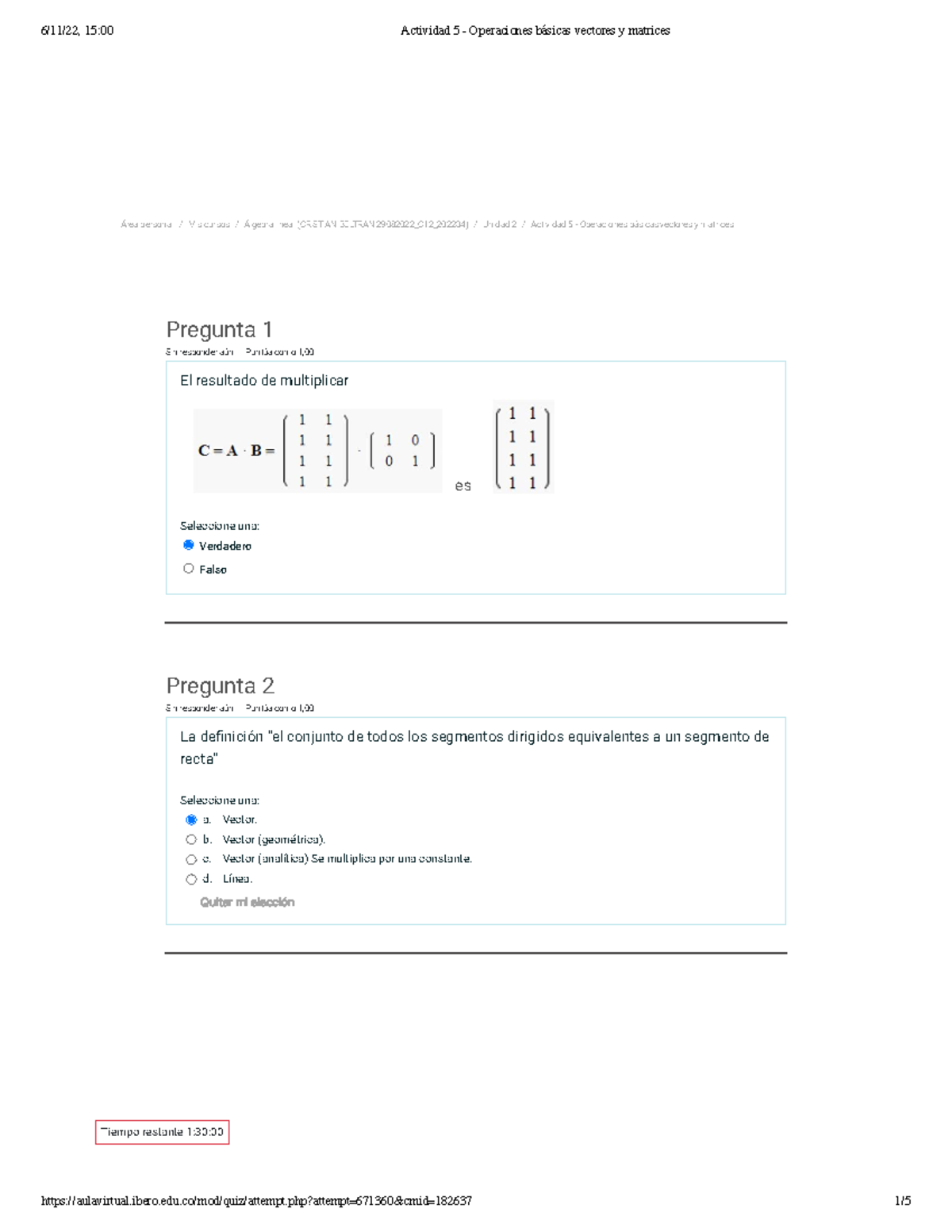 Actividad 5 - Operaciones básicas vectores y matrices - Área personal / Mis cursos / Álgebra ...