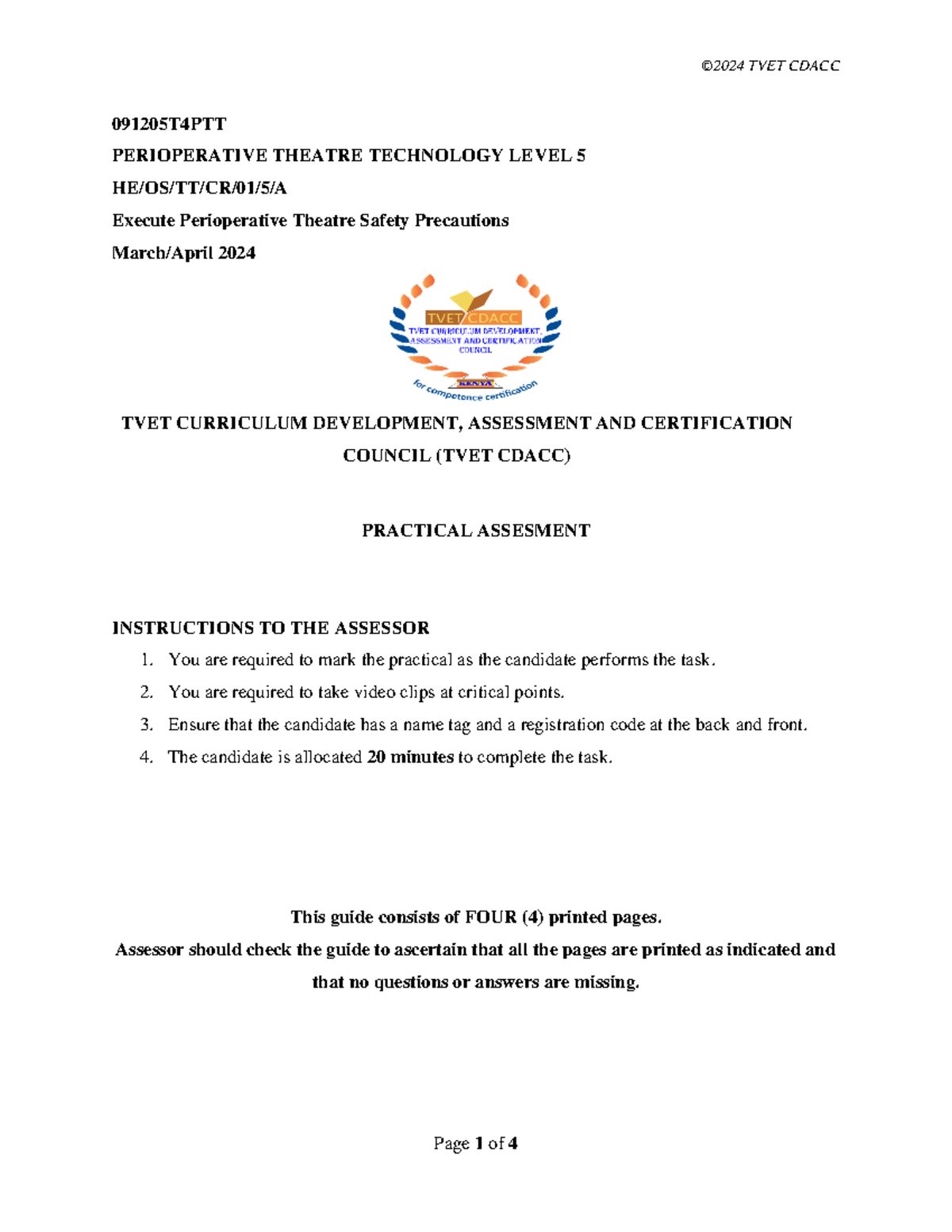 Perioperative level 5 Observation checklist(Execute Perioperative Theatre Safety Precautions ...