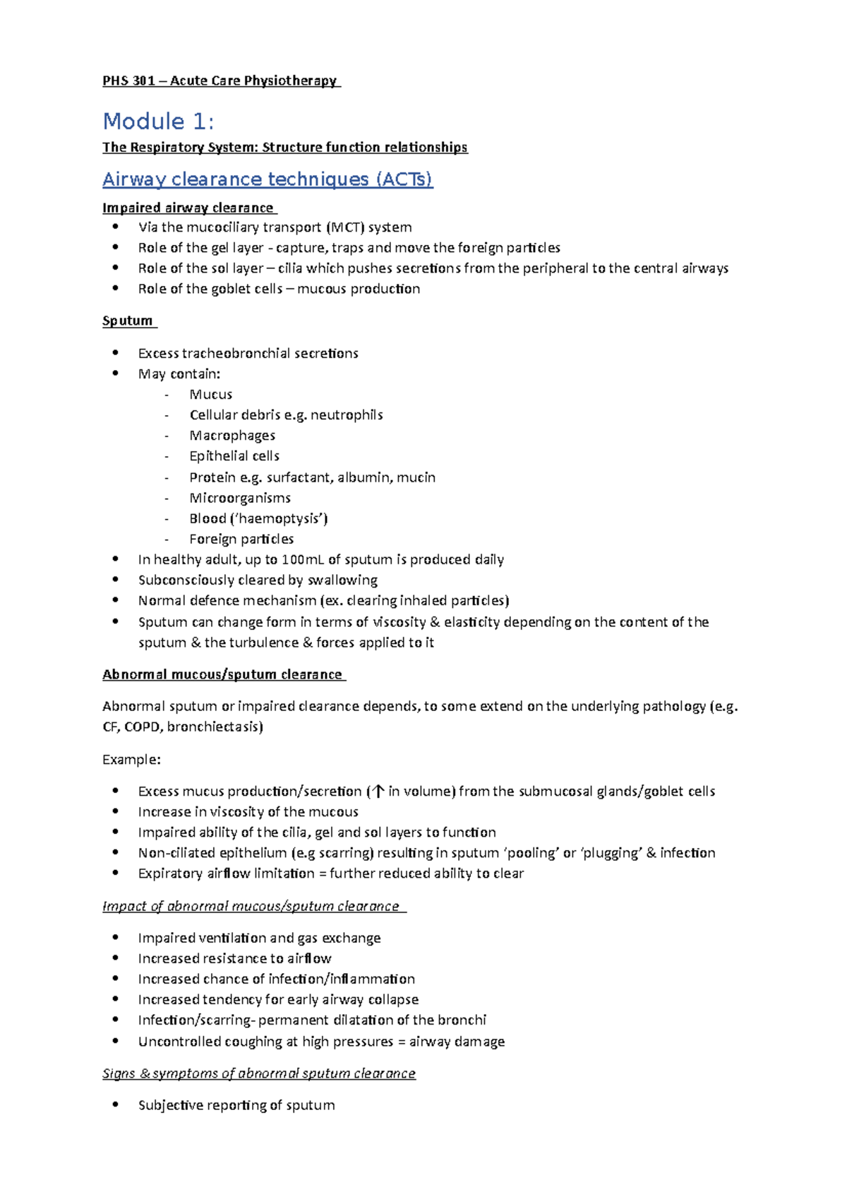 PHS 301 Notes - PHS 301 – Acute Care Physiotherapy Module 1: The ...