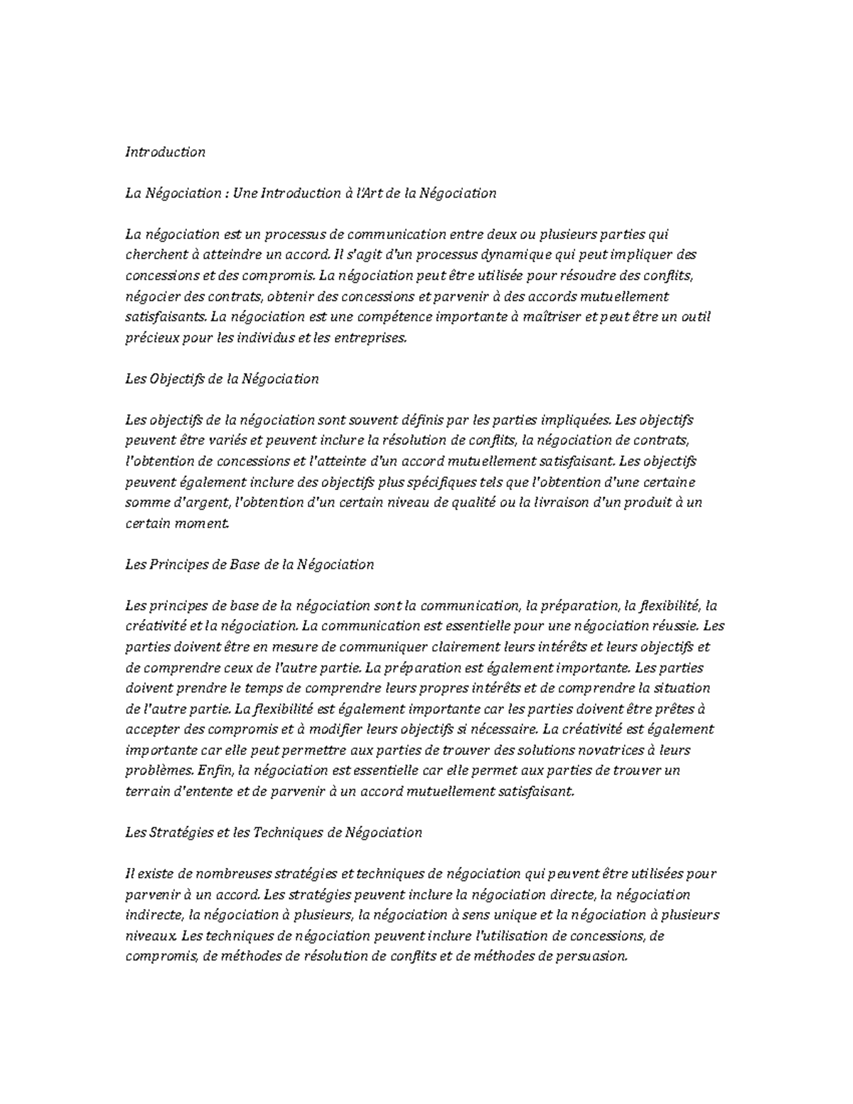 Negotiations note study - Introduction La Négociation : Une ...