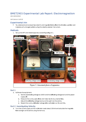 Electromagnetism Lab 1 - BMET EXPERIMENTAL LAB REPORT SID: LAB SESSION ...