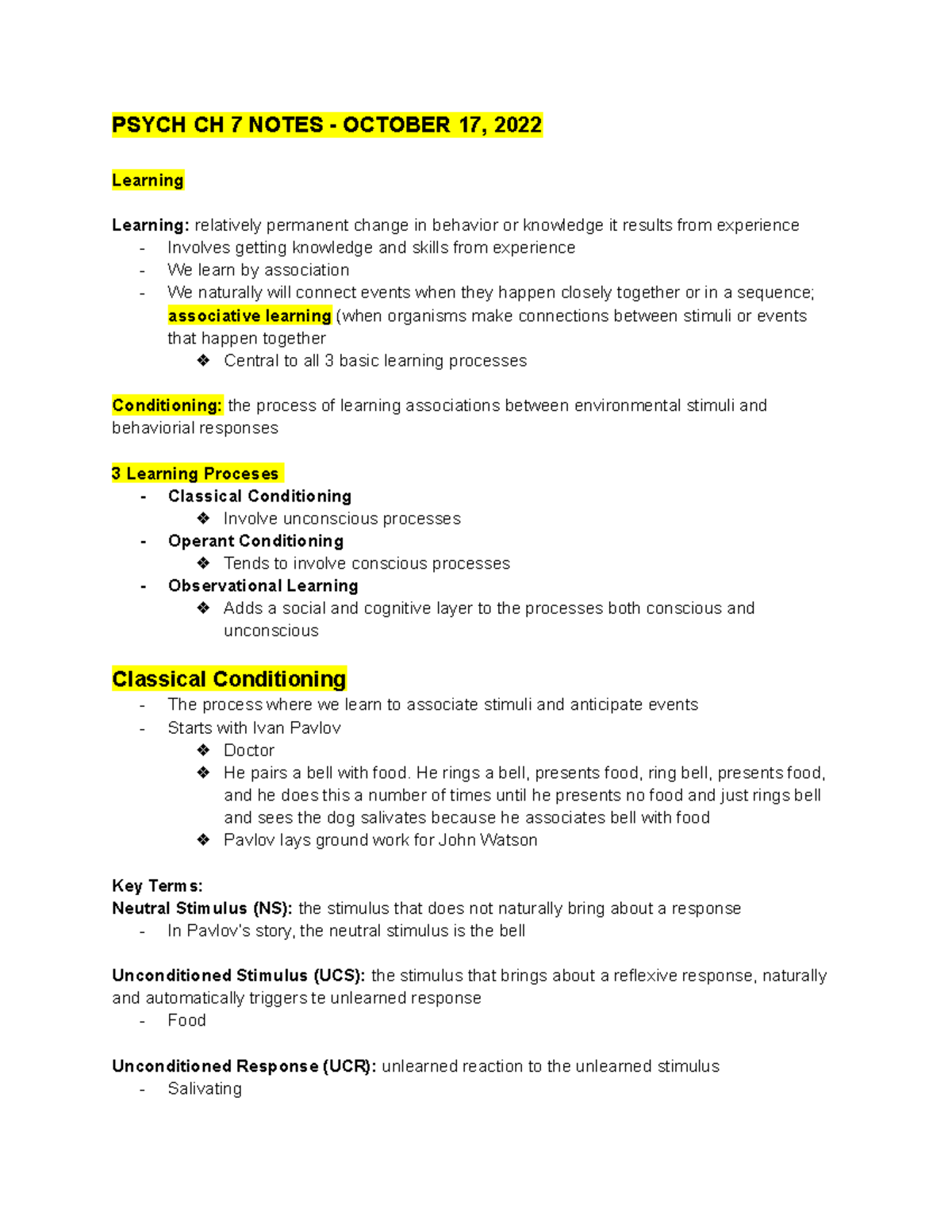 Psych CH 7 Notes - PSYCH CH 7 NOTES - OCTOBER 17, 2022 Learning ...