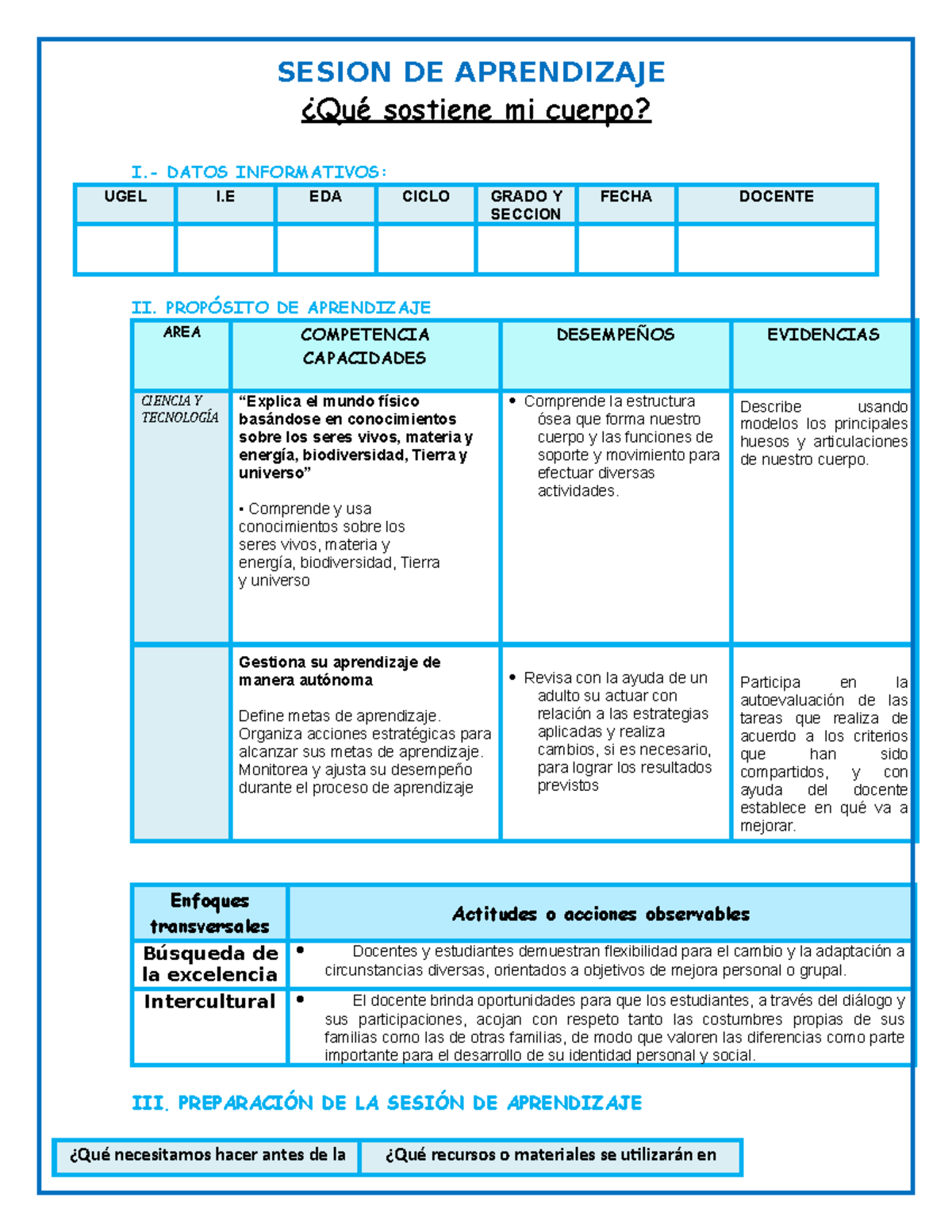 Sesion DE Ciencia - BWNBWTYNEYHN - SESION DE APRENDIZAJE ¿Qué sostiene mi cuerpo? I.- DATOS ...