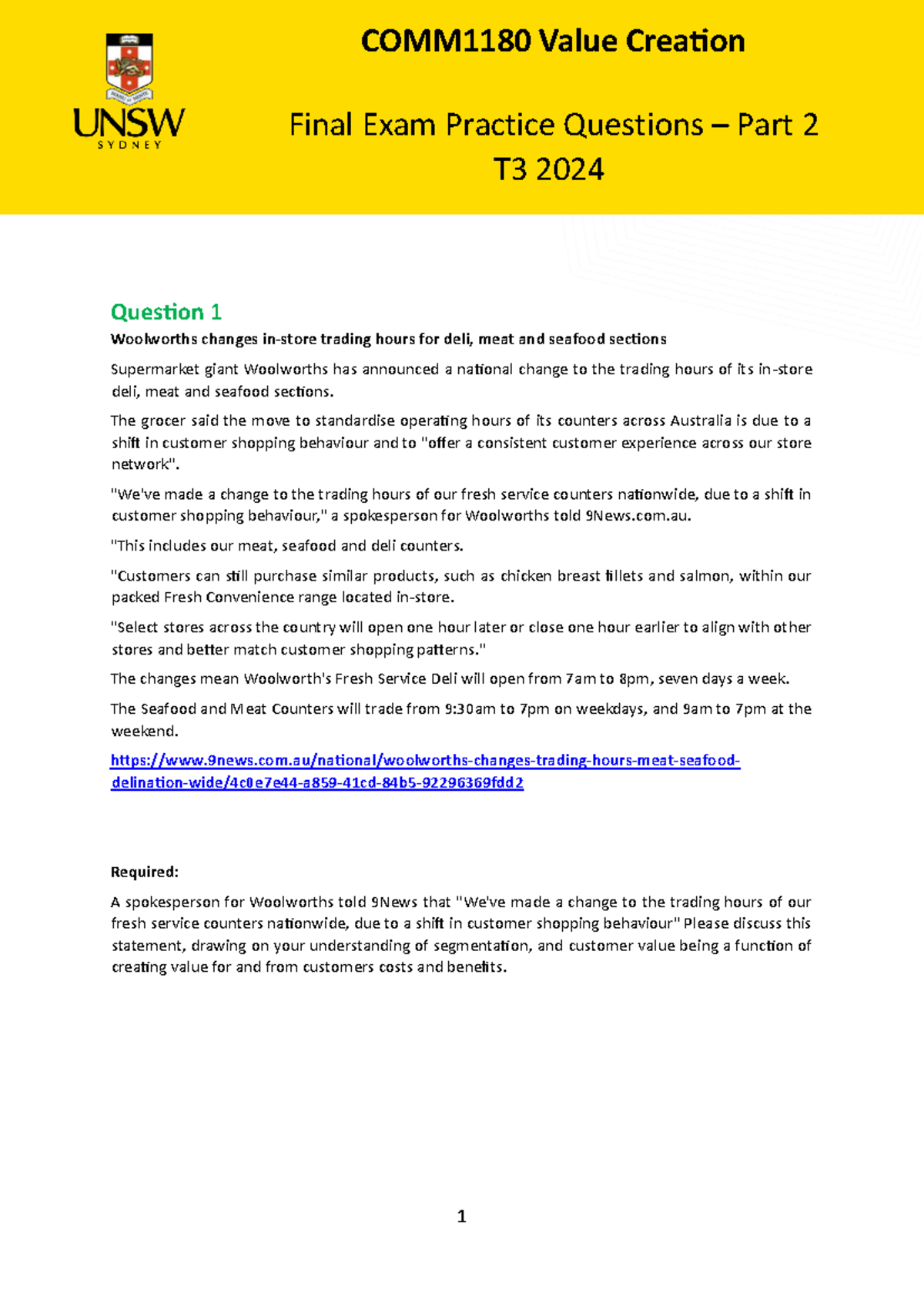 COMM1180 2024 T3 Final Exam Practice Question - COMM1180 Value Creation ...