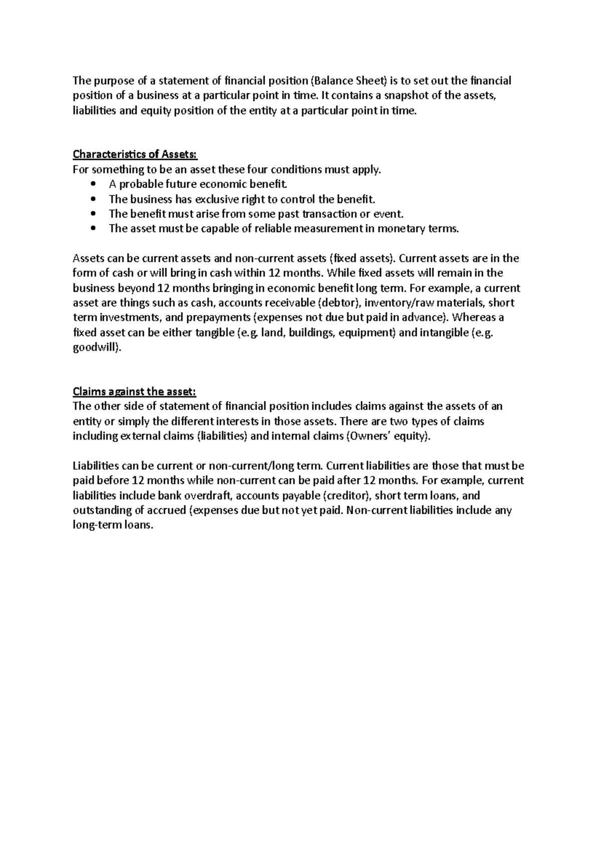 Accounting W4 - notes - The purpose of a statement of financial ...