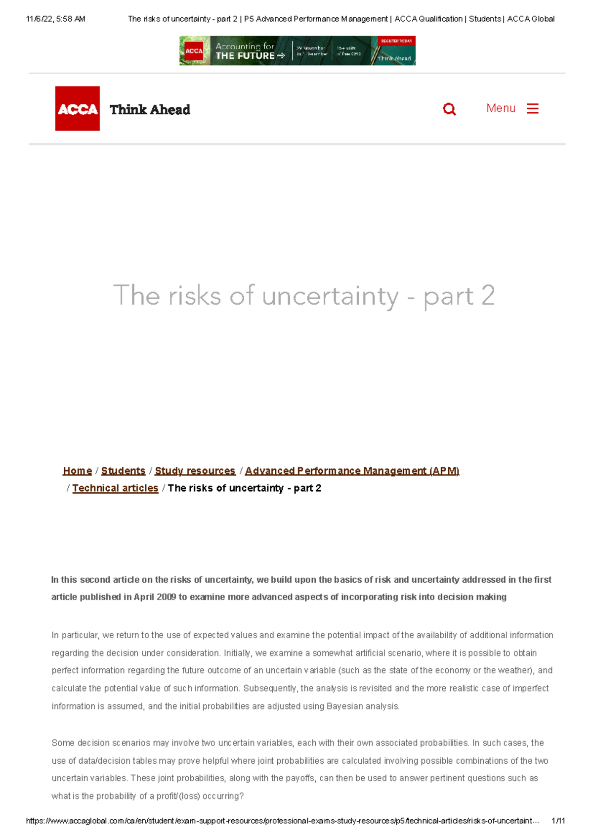The risks of uncertainty - part 2 P5 Advanced Performance Management ...