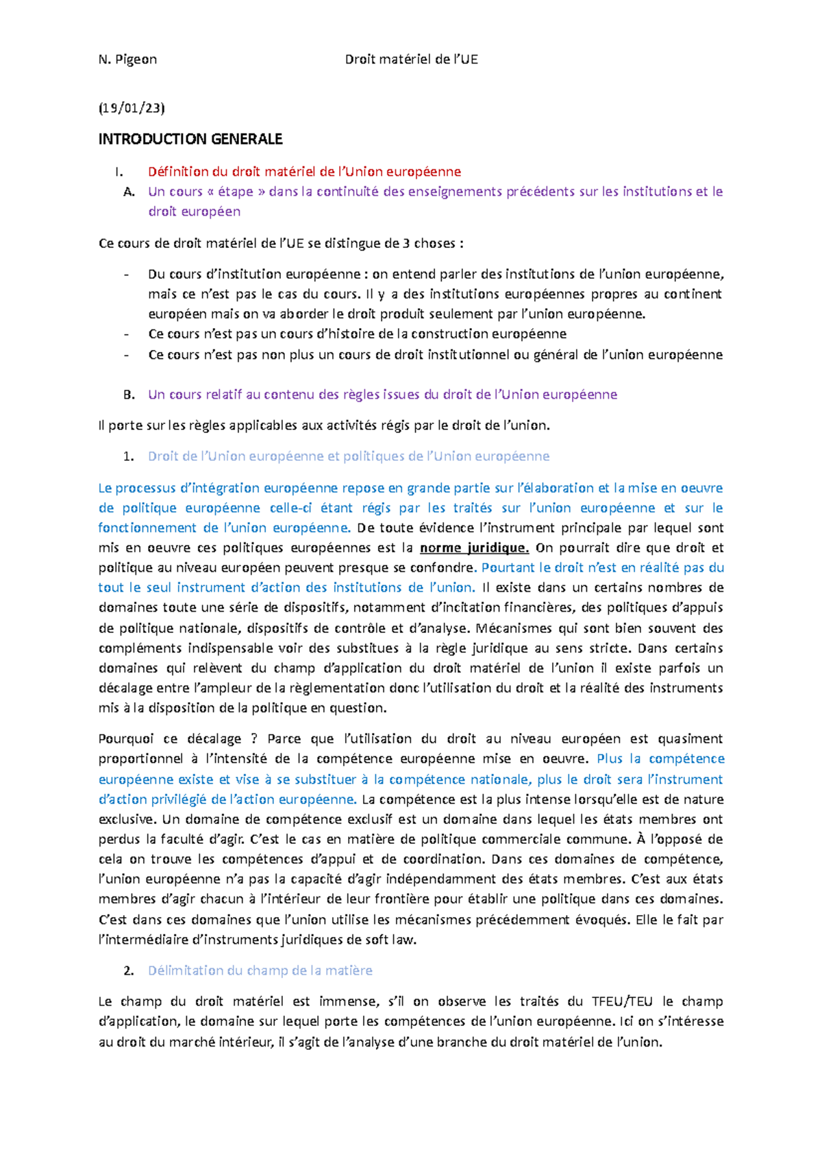 Droit matériel de l'UE - cours - (19/01/23) INTRODUCTION GENERALE I ...