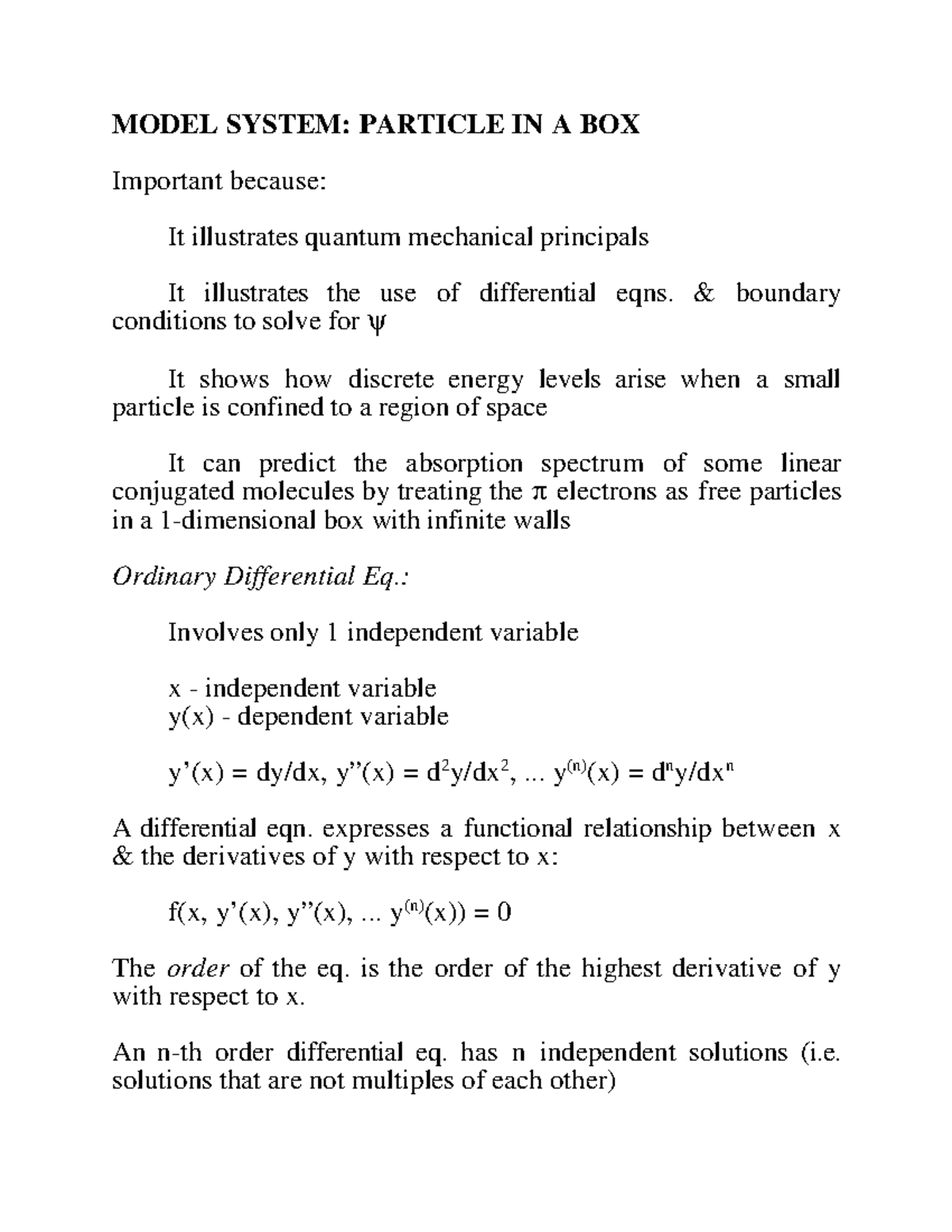 Notes Ch2 - MODEL SYSTEM: PARTICLE IN A BOX Important because: It ...
