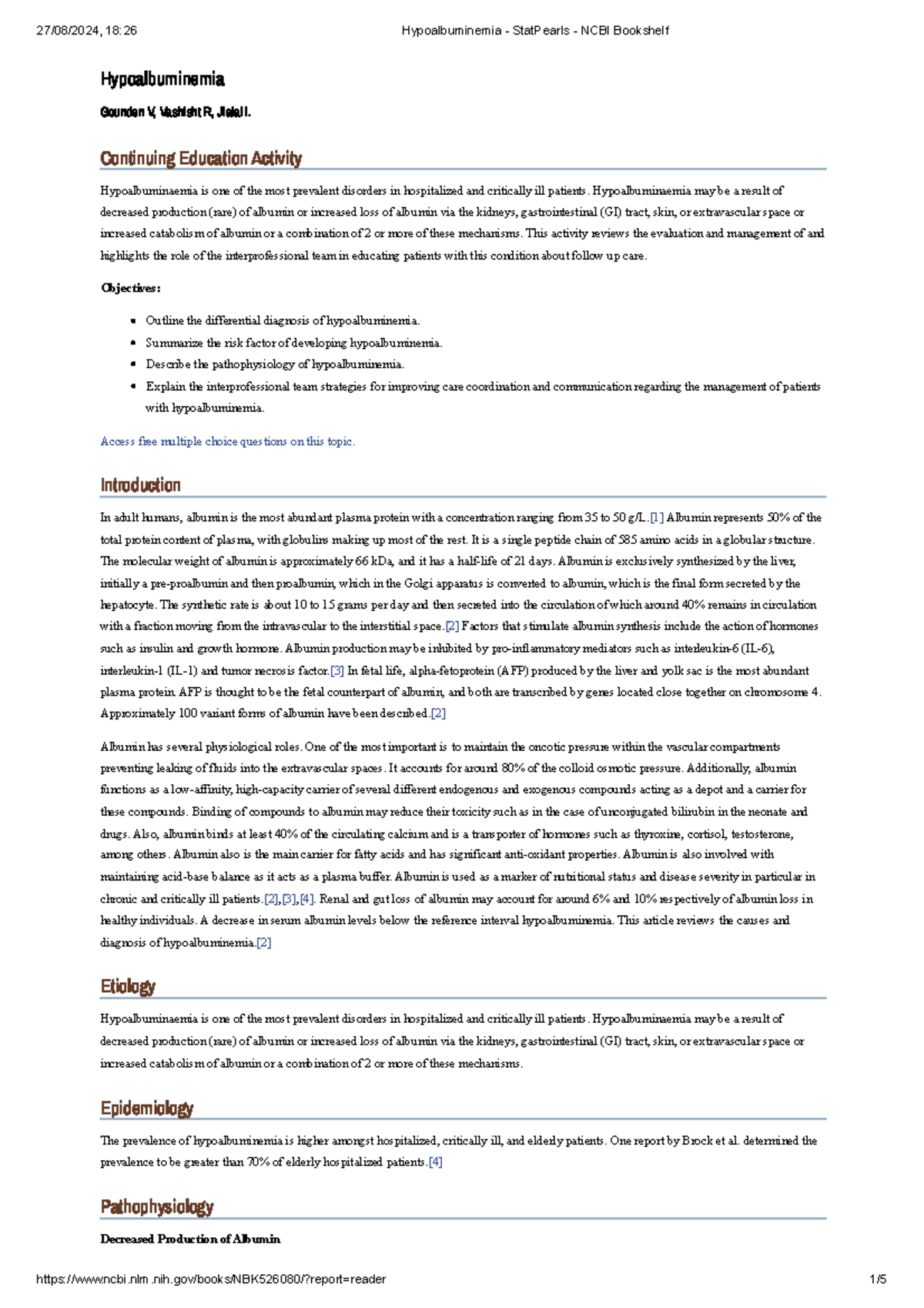 Hypoalbuminemia - Stat Pearls - NCBI Bookshelf - Hypoalbuminemia ...