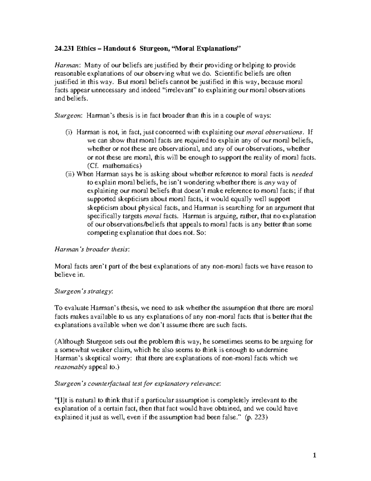 Ethics – Handout 6 Sturgeon, “Moral Explanations” - 1 24 Ethics ...