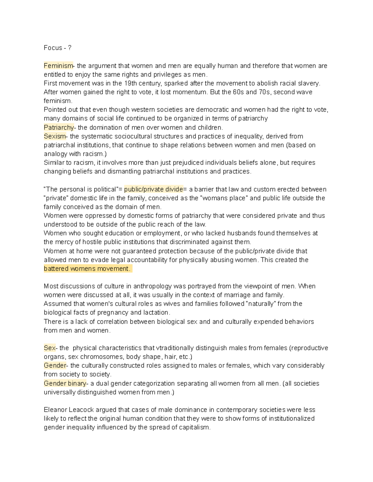 Anthro gender and sexuality - Focus -? Feminism- the argument that ...