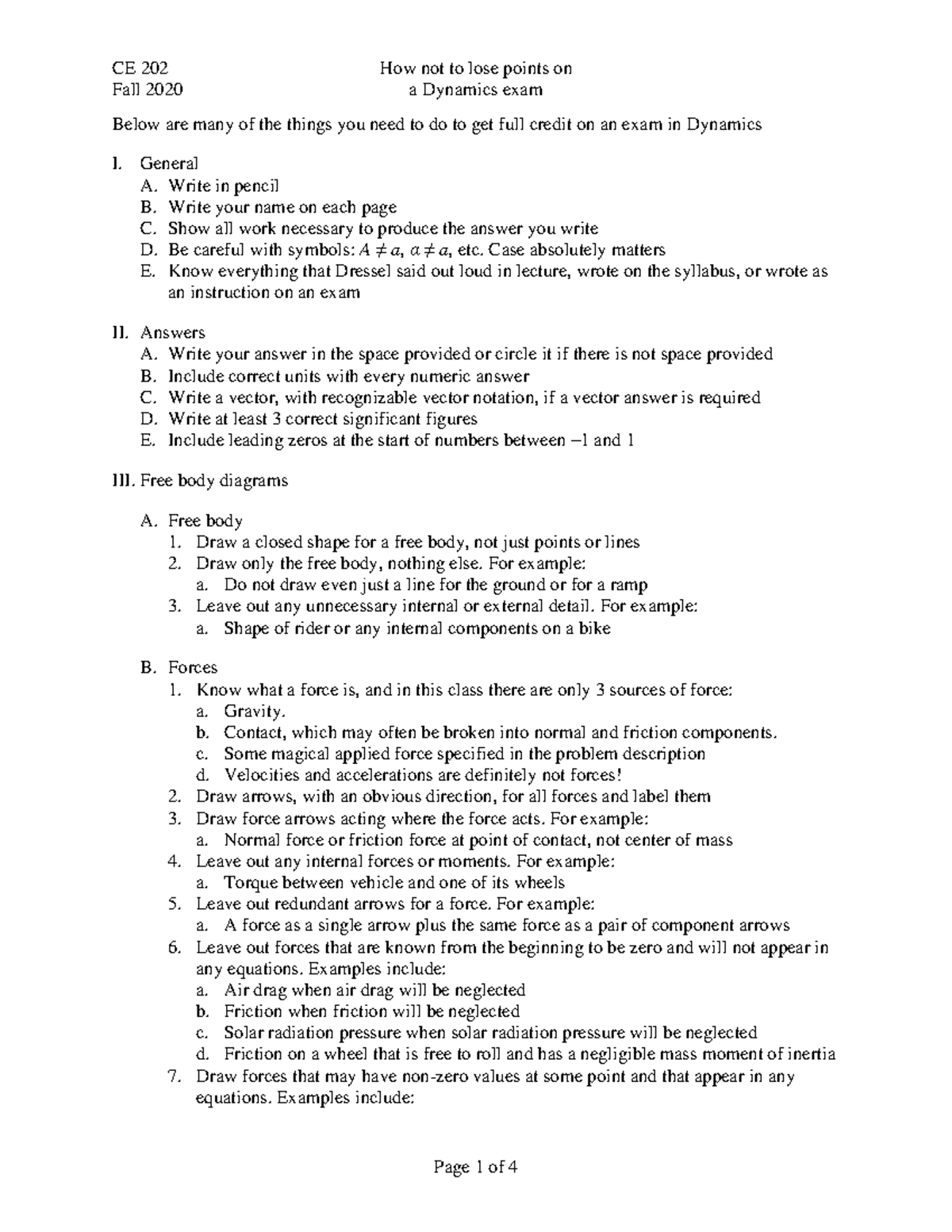 CE 202 How not to lose points on a Dynamics exam - Fall 2020 a Dynamics ...