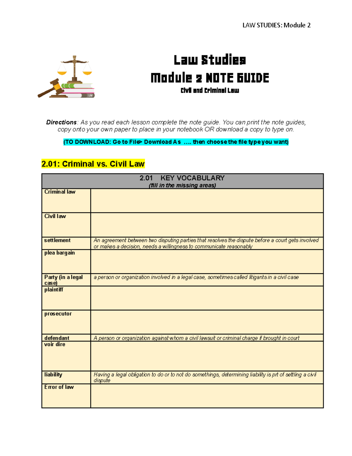 Module 2 Note Guide.docx - Law Studies Module 2 NOTE GUIDE Civil and ...