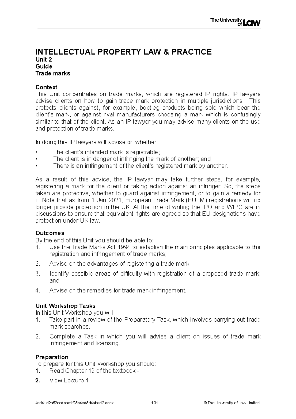 Workshop Two - INTELLECTUAL PROPERTY LAW & PRACTICE Unit 2 Guide Trade ...