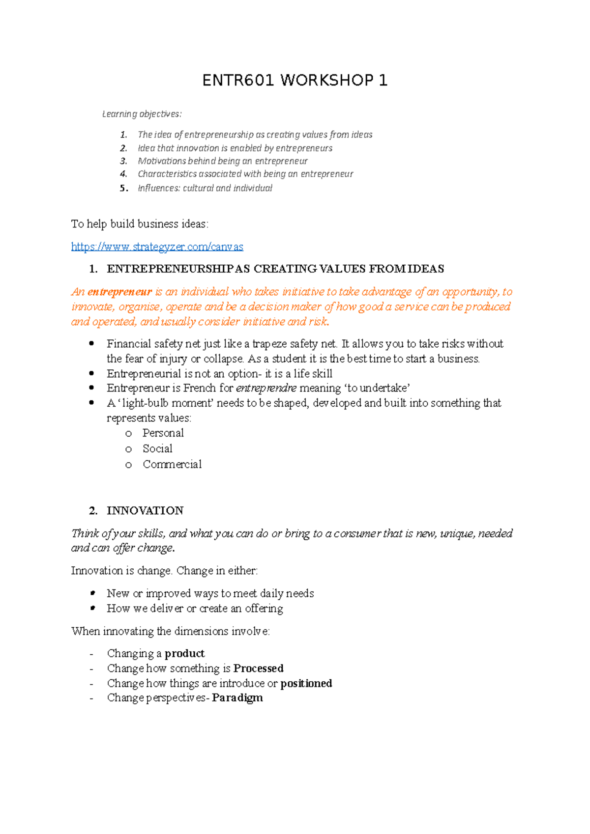 ENTR601 Workshop 1 - LECTURE NOTES - ENTR601 WORKSHOP 1 To help build ...