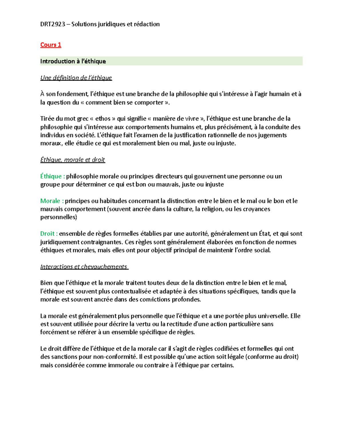 Cours 1 - Cours 1 Introduction à l’éthique Une définition de l’éthique ...