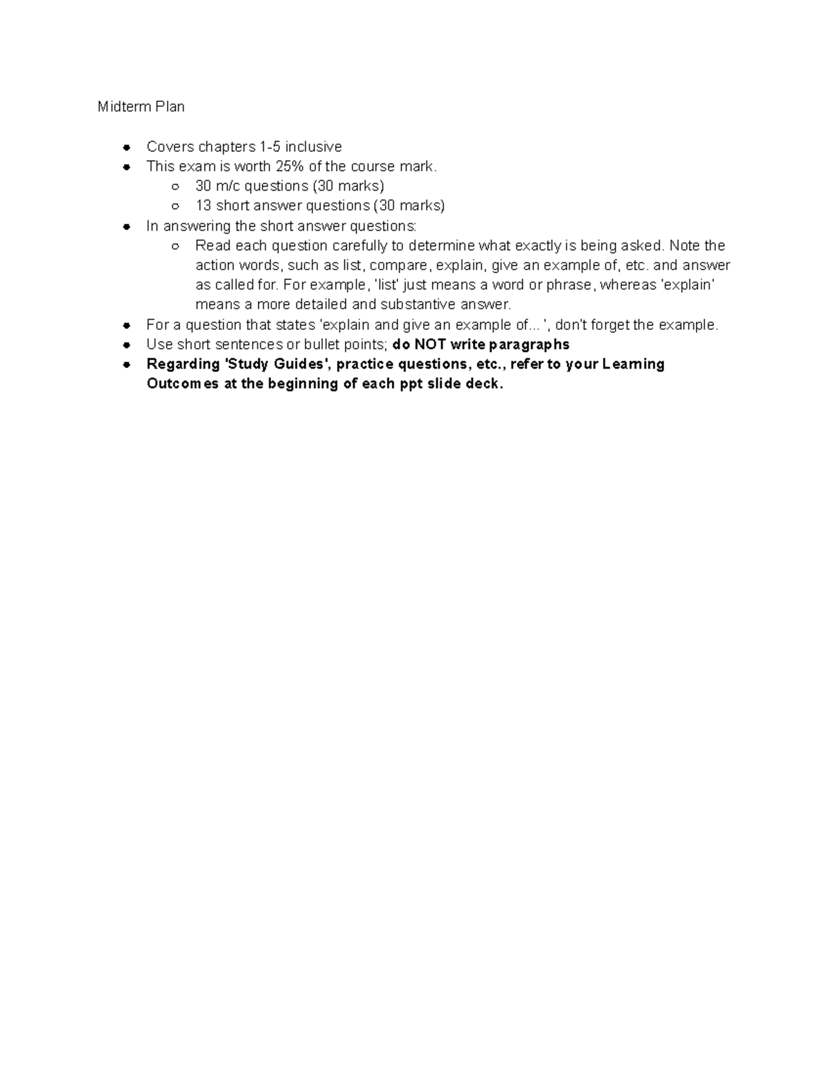 HRES Midterm Plan - Midterm Plan Covers chapters 1-5 inclusive This exam is worth 25% of the ...