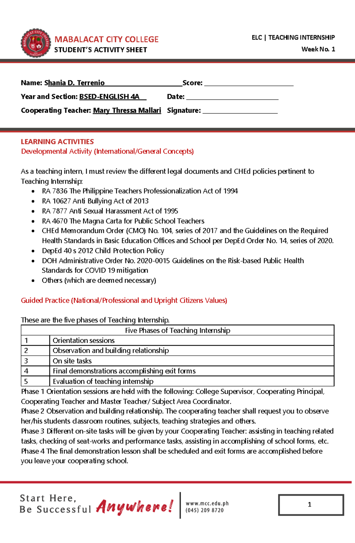 ELC- Week 1-Student-Activity-Sheet - STUDENT’S ACTIVITY SHEET Week No ...