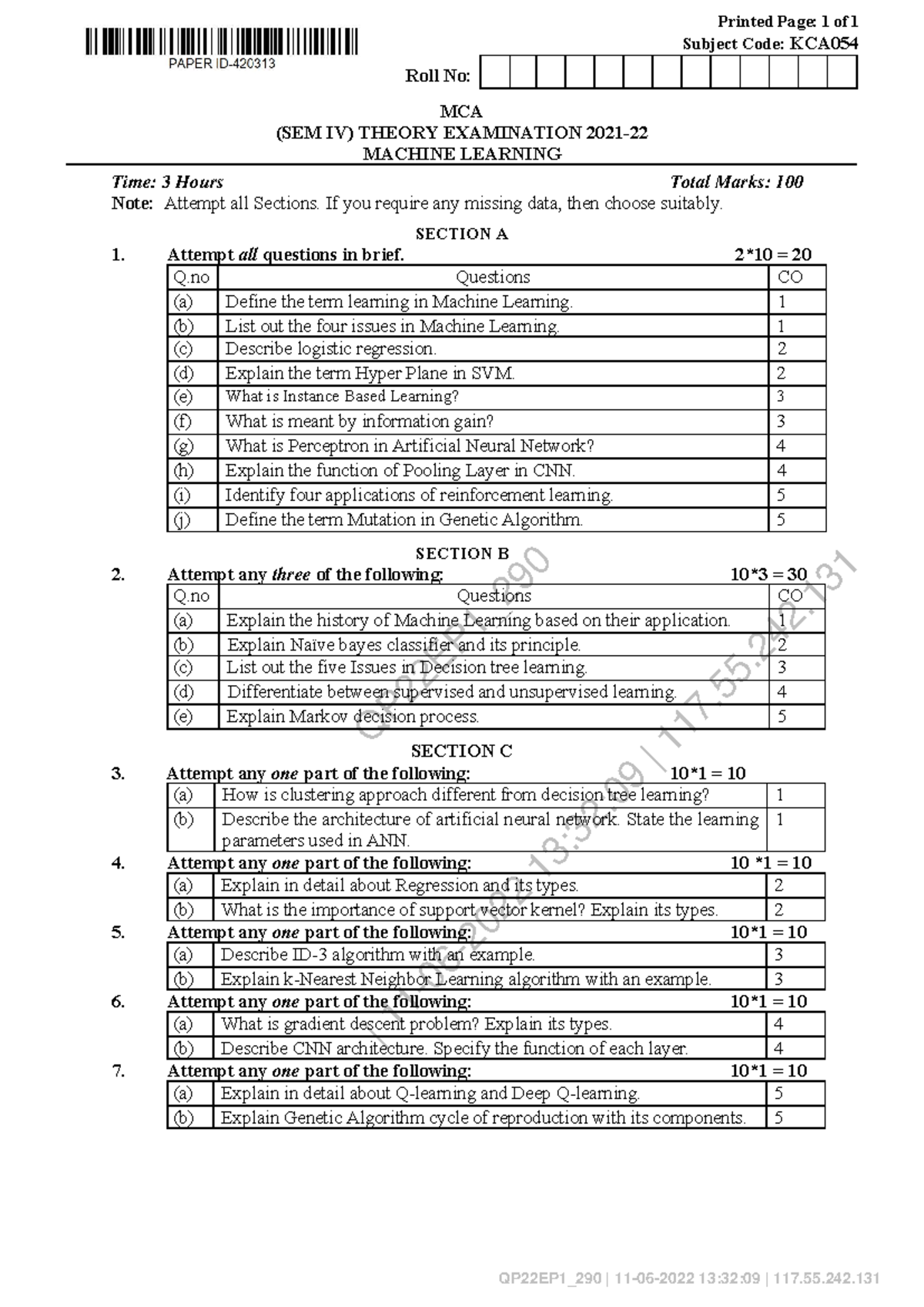 Machine Learning KCA 054 1 - MCA Note: Attempt all Sections. If you require any missing data ...