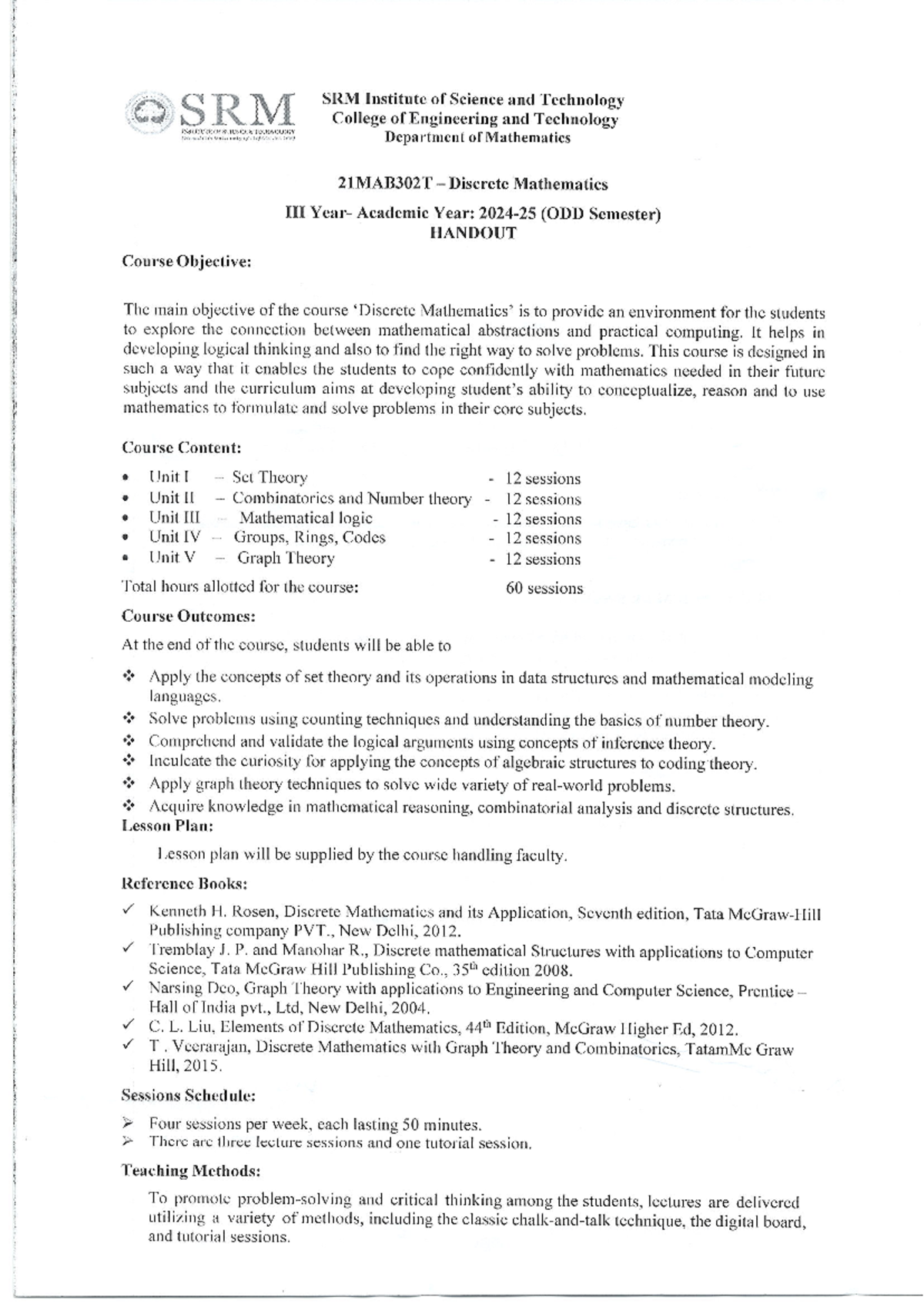 21MAB302T DM Handout 2 1 - SRM SRM Institute of Science and Technology College of Engineering ...
