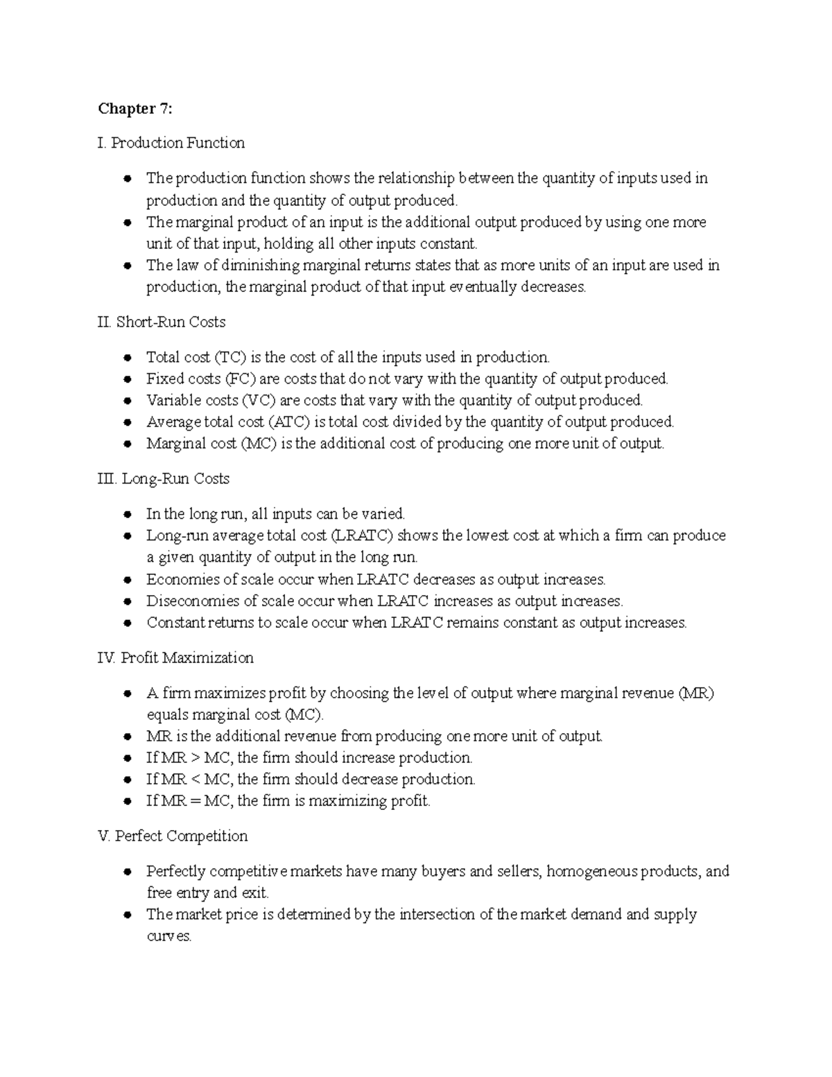 ECON 402 Chapter 7 - ECON 402 Notes for Ch 7 - Chapter 7: I. Production ...