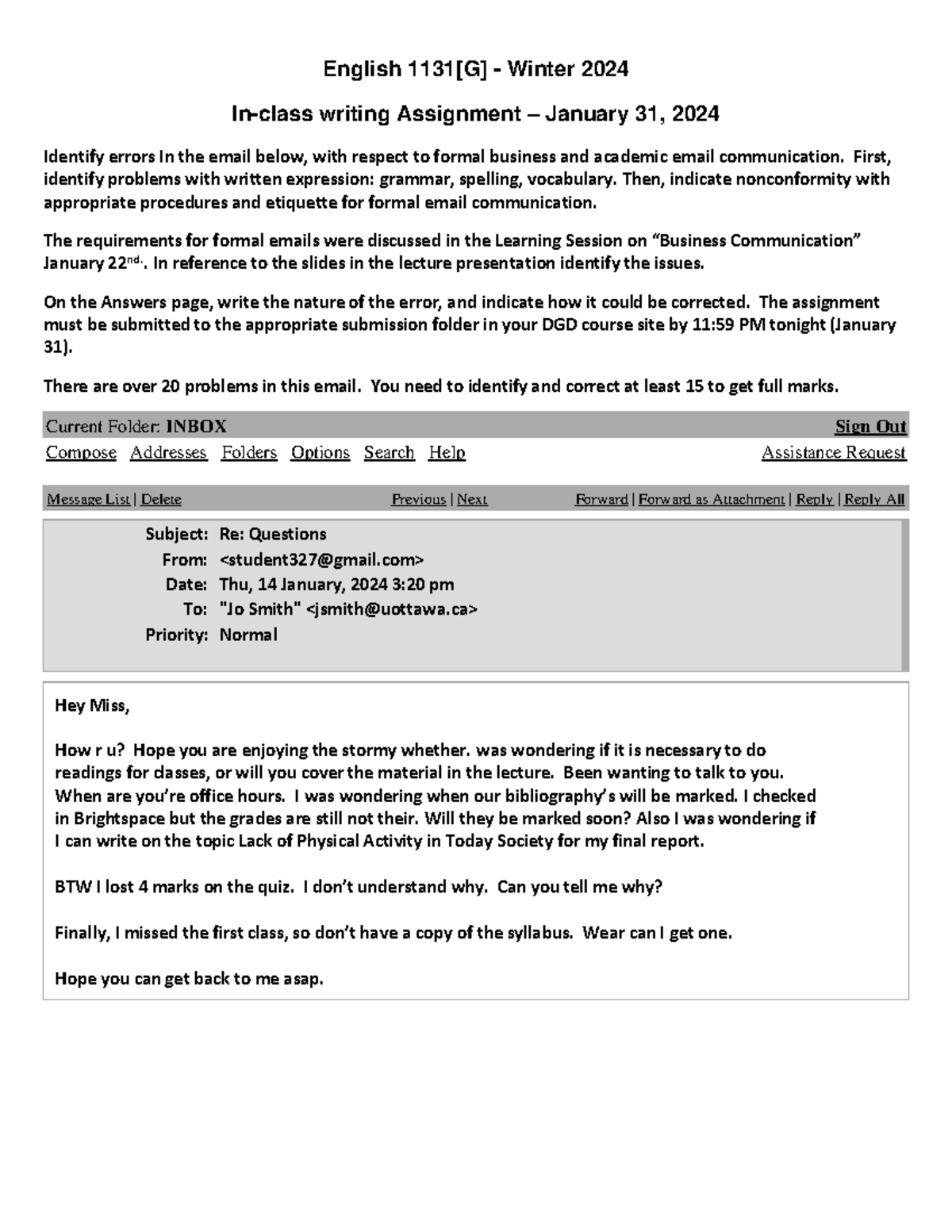 In Class Writing Assignment 1 English 11 31 G Winter 202 4 In Class Writing Assignment