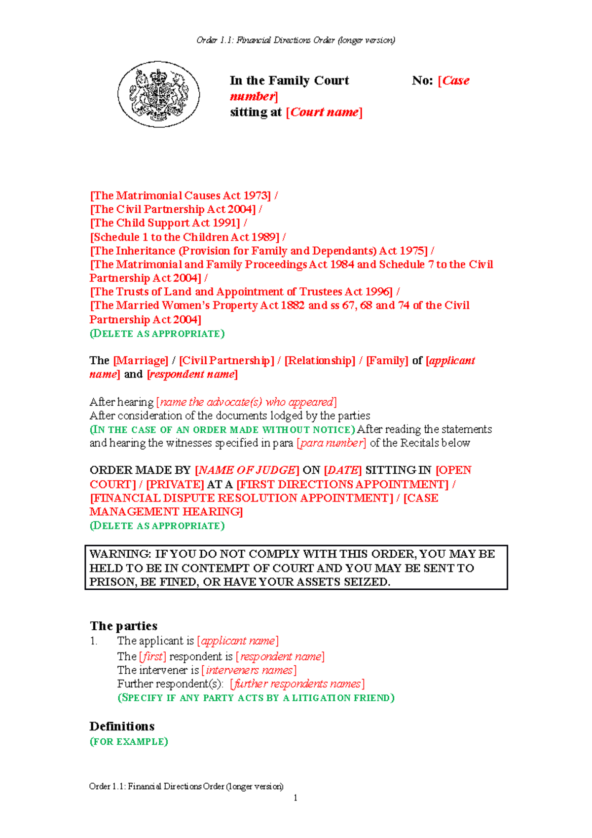 Order 1.1 - Financial Directions Order (longer version) - The parties ...