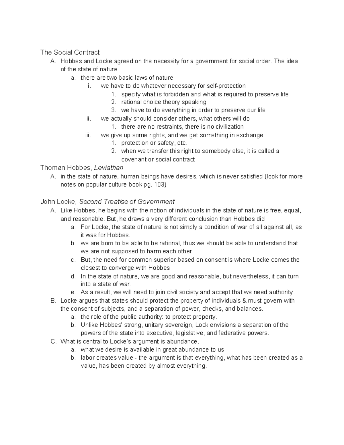 Hobbes and locke - Lecture notes 1-2 - The Social Contract A. Hobbes ...