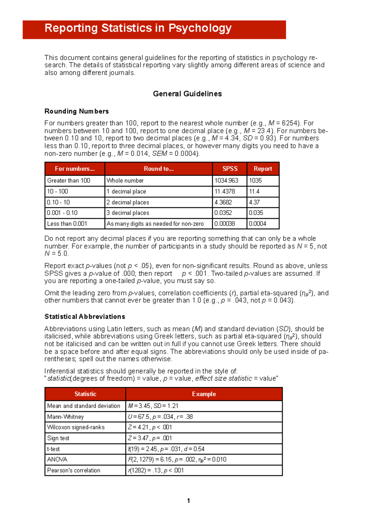Reporting Statistics Psychology - This document contains general ...