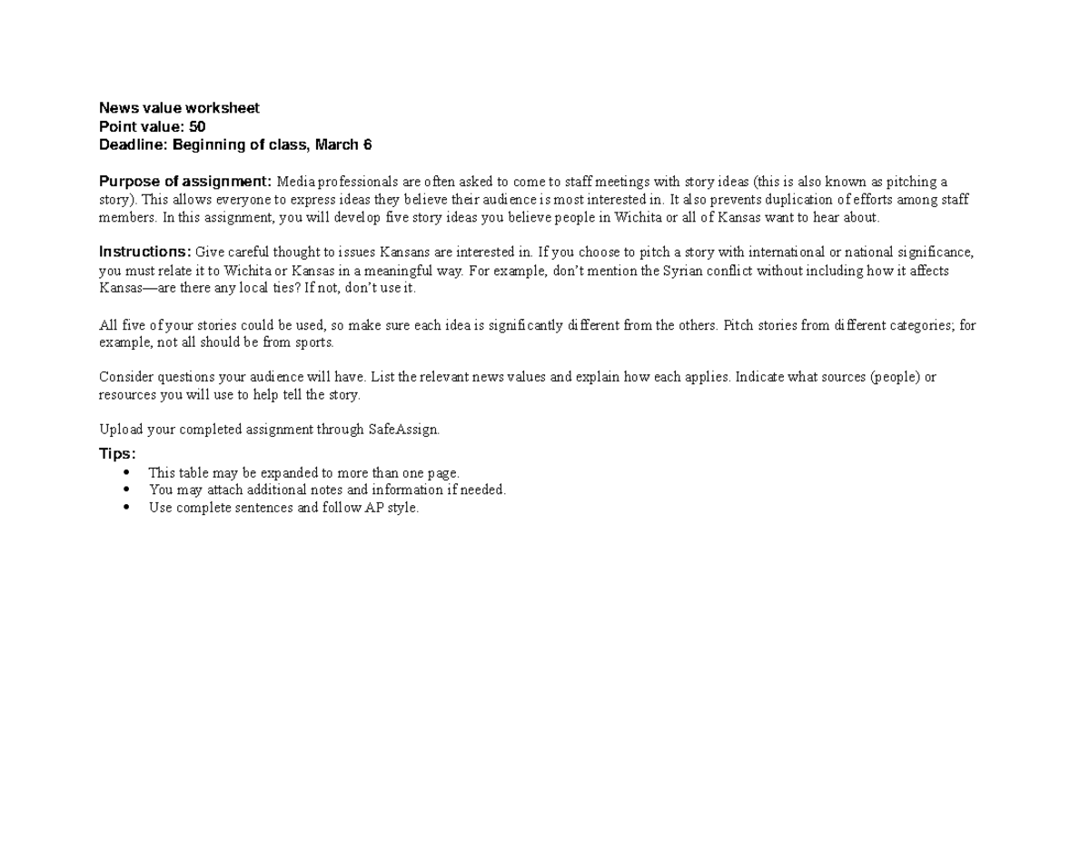 News Value worksheet - News value worksheet Point value: 50 Deadline ...