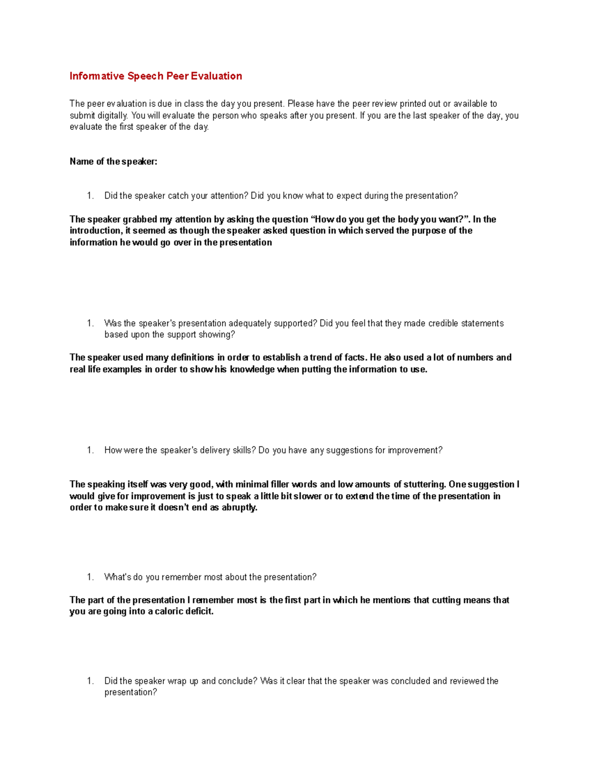 Informative Speech Peer Evaluation - Please have the peer review ...