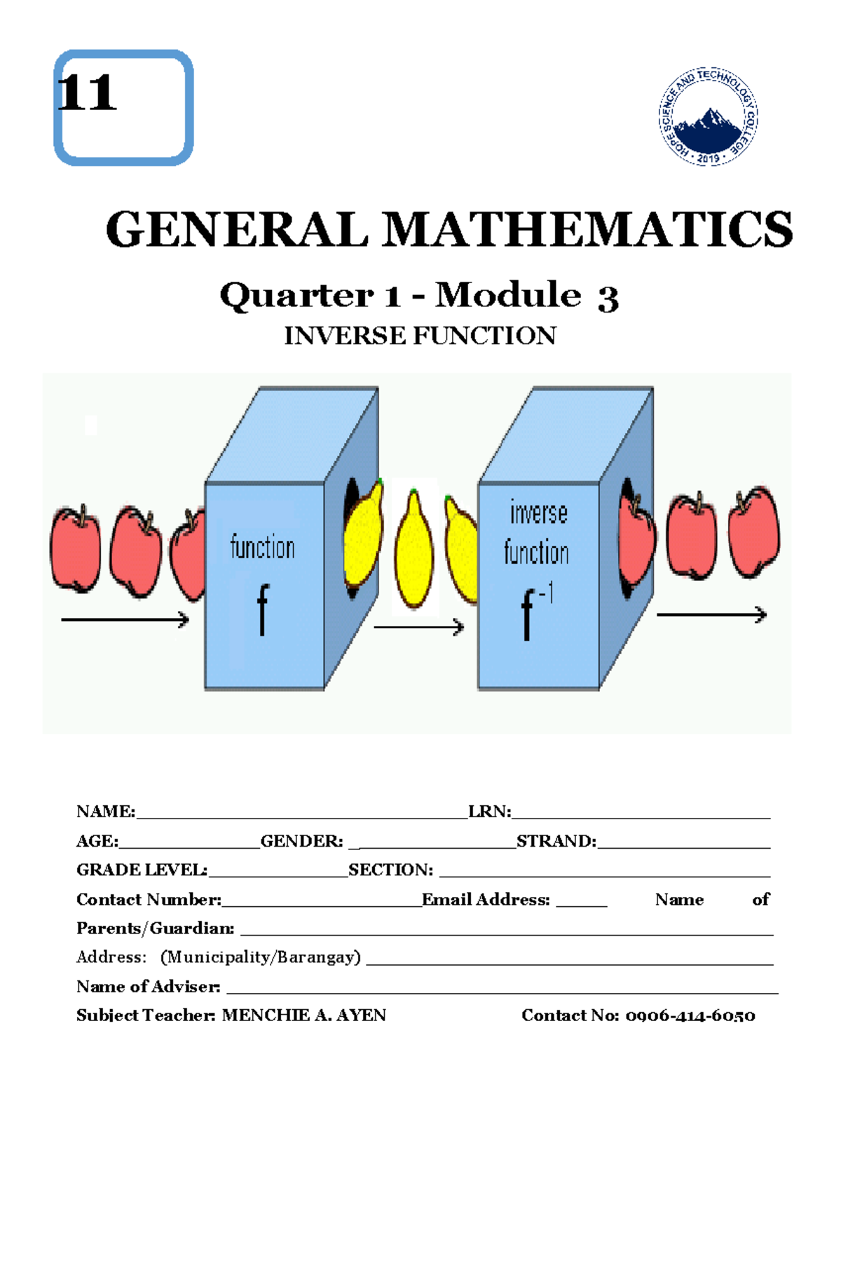 6402018 49 GEN MATH Module 3 Inverse Function - NAME: LRN: AGE: GENDER ...