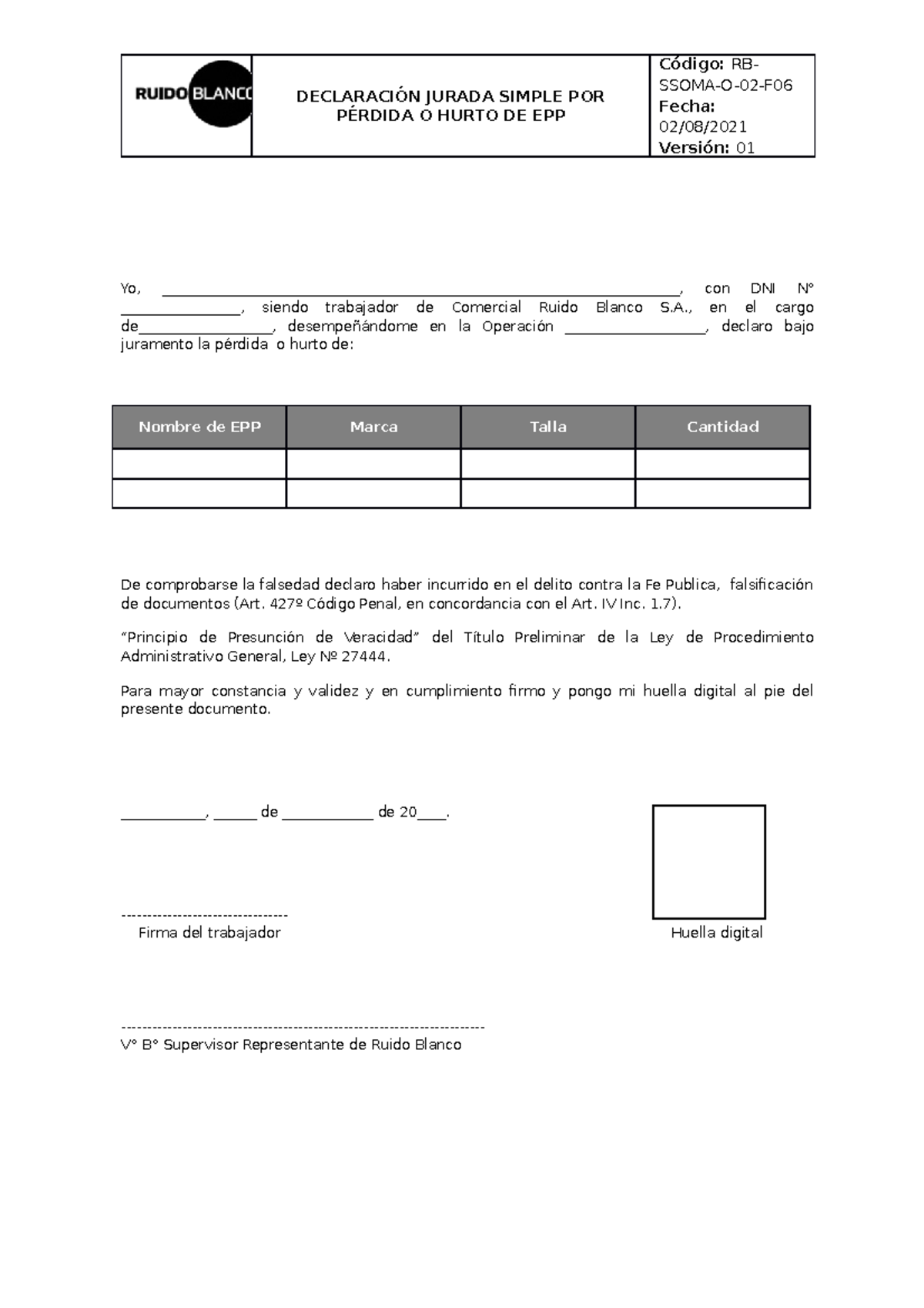 RB- Ssoma-O-02-F06 Declaración Jurada Simple por Pérdida o Robo de EPP - DECLARACIÓN JURADA ...