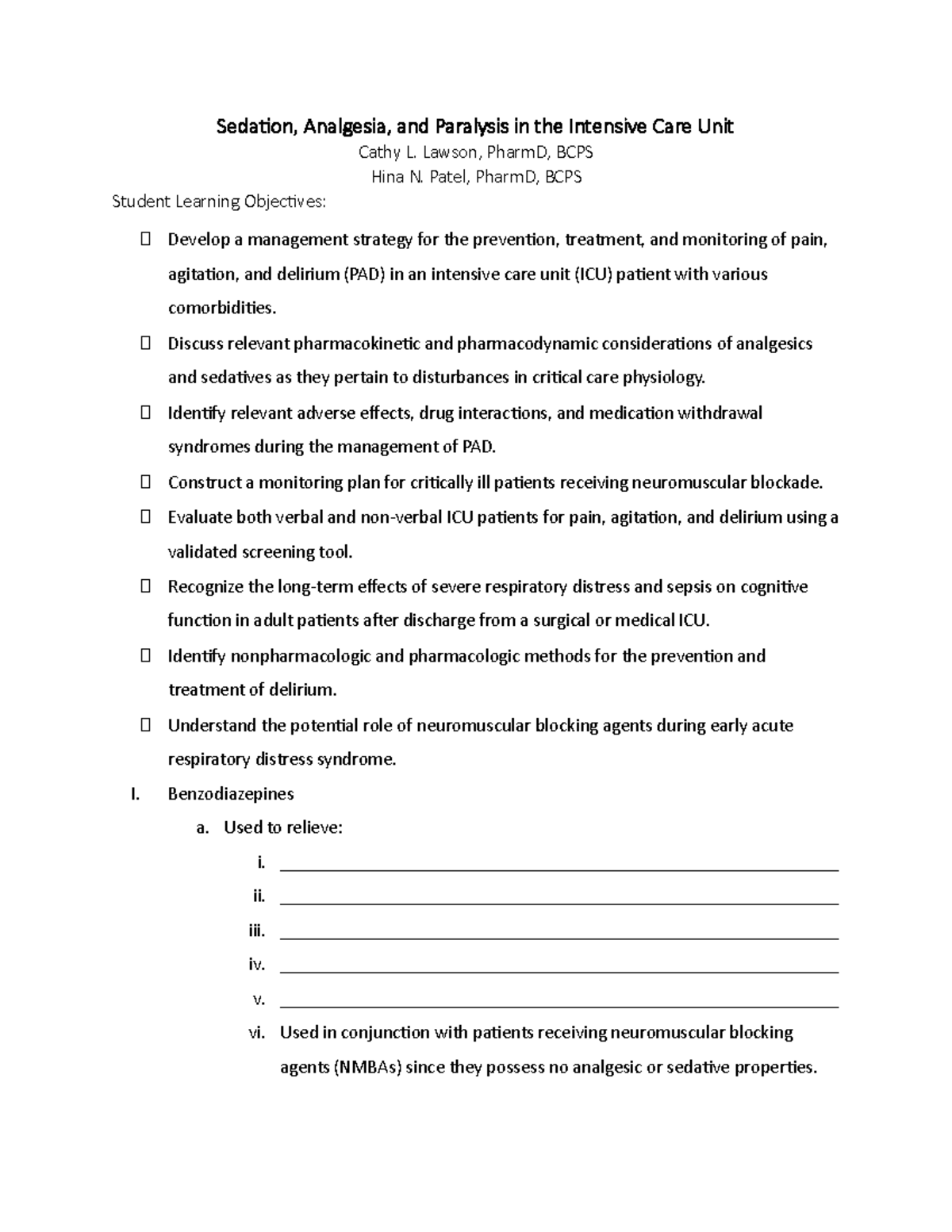 Sedation, Analgesia, and Paralytics Student Copy - Seda on, Analgesia ...